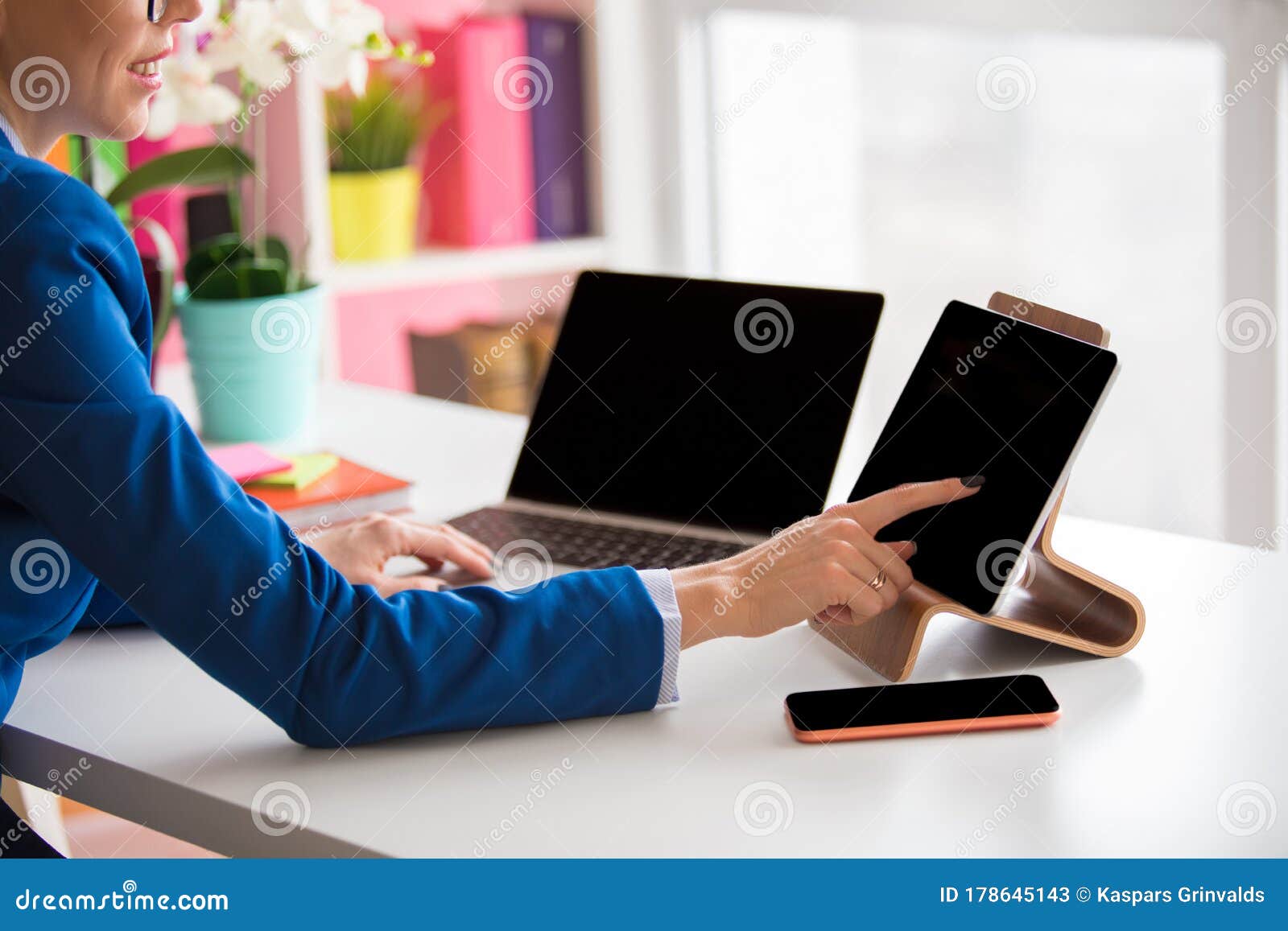 Woman Using Different Tech Devices Stock Image - Image of mock, female ...