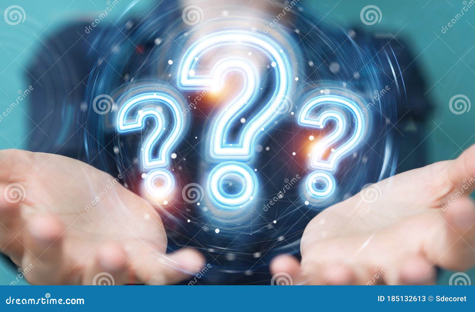 Woman Using Digital Question Marks Holographic Interface 3D Rendering ...