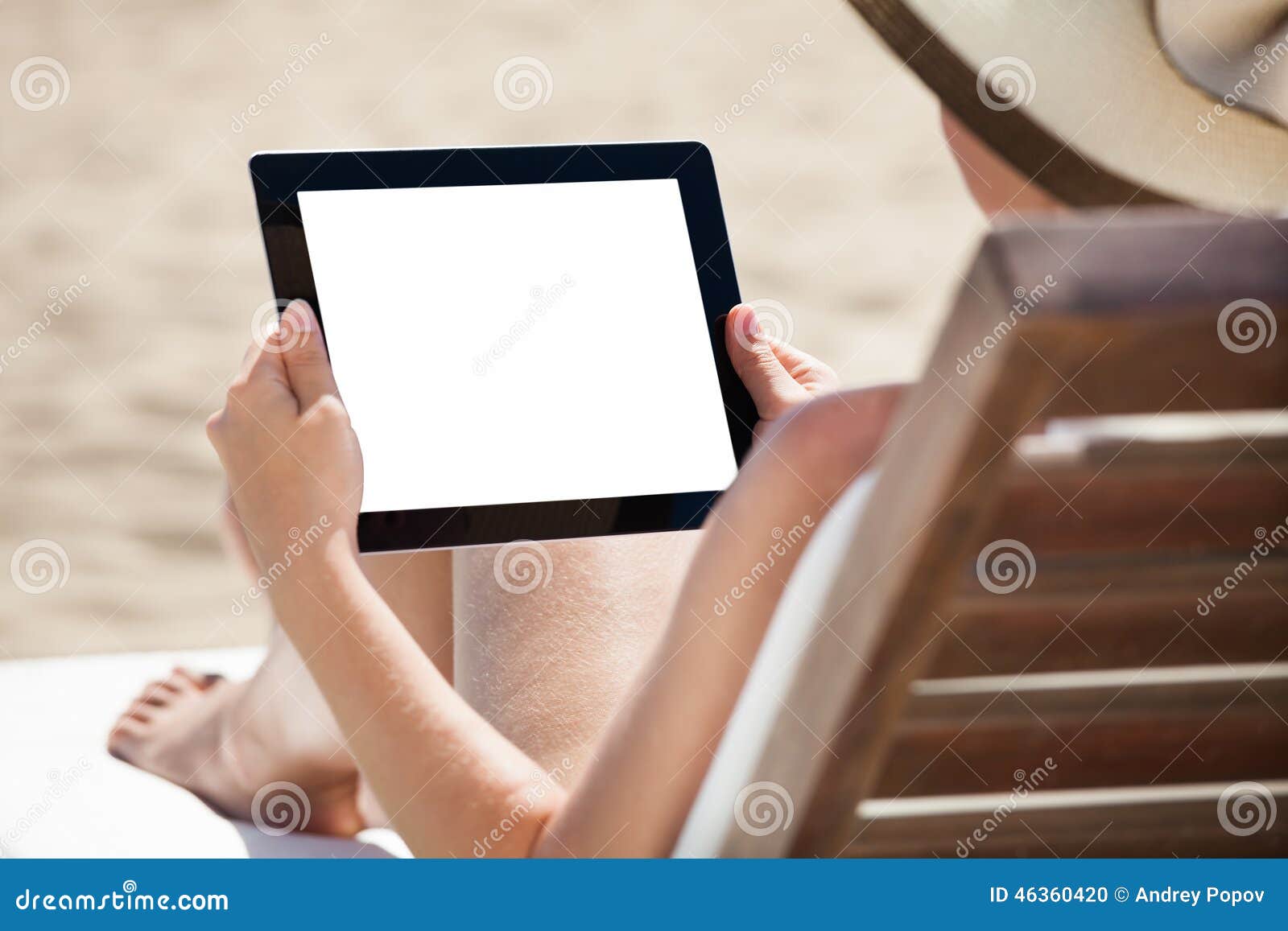 Woman Using Digital Tablet on Beach Chair Stock Photo - Image of resort ...