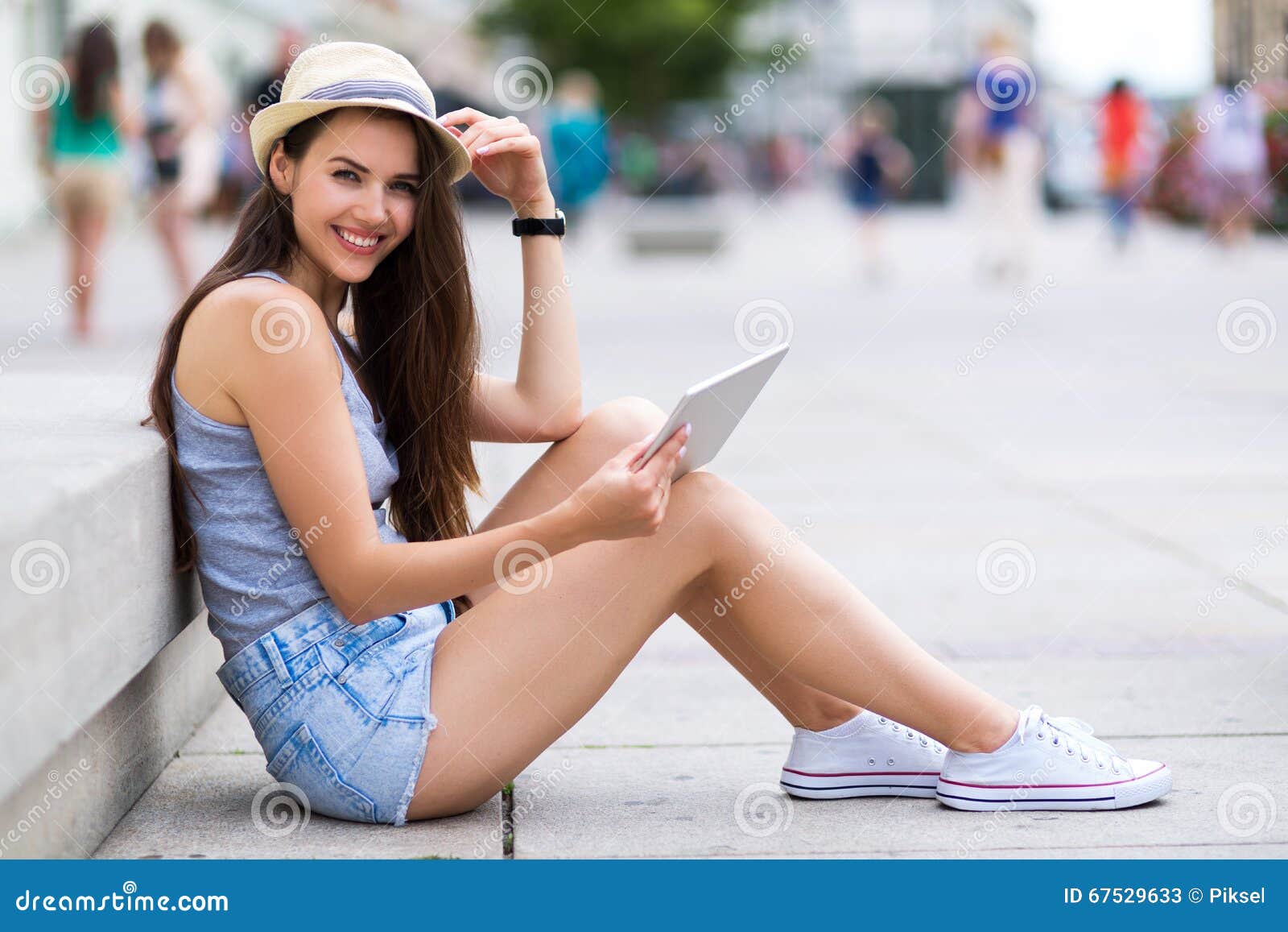 Woman Using Digital Tablet on City Street Stock Image - Image of joyful ... Woman Using Digital Tablet on City Street Stock Image - Image of joyful ...