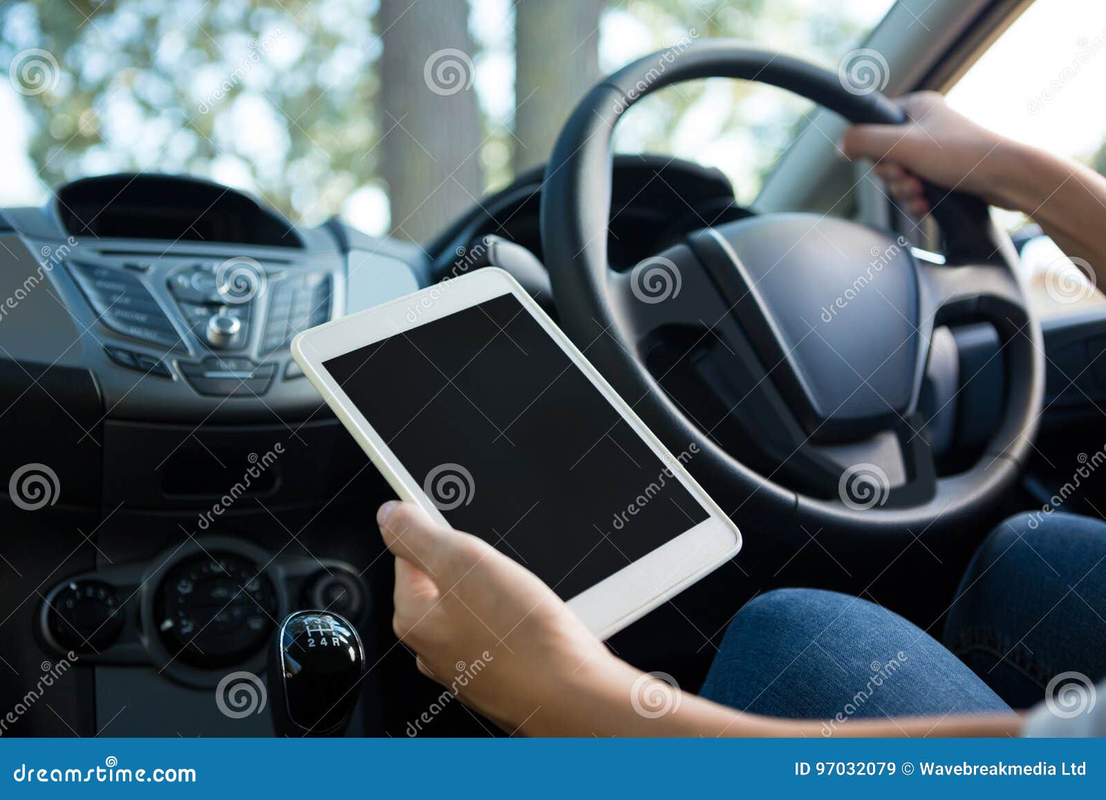 Woman Using Digital Tablet while Driving a Car Stock Image - Image of ...