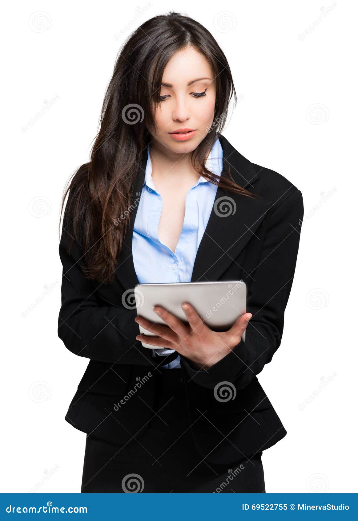 Woman Using a Digital Tablet, Isolated on a White Background Stock ...