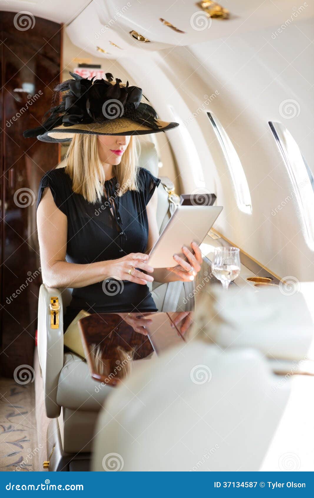 Woman Using Digital Tablet in Private Jet Stock Image - Image of people ...