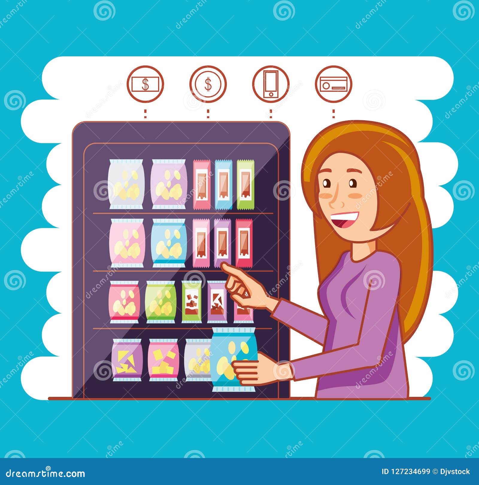 Woman Using Dispenser Machine Electronic Stock Vector - Illustration of ...