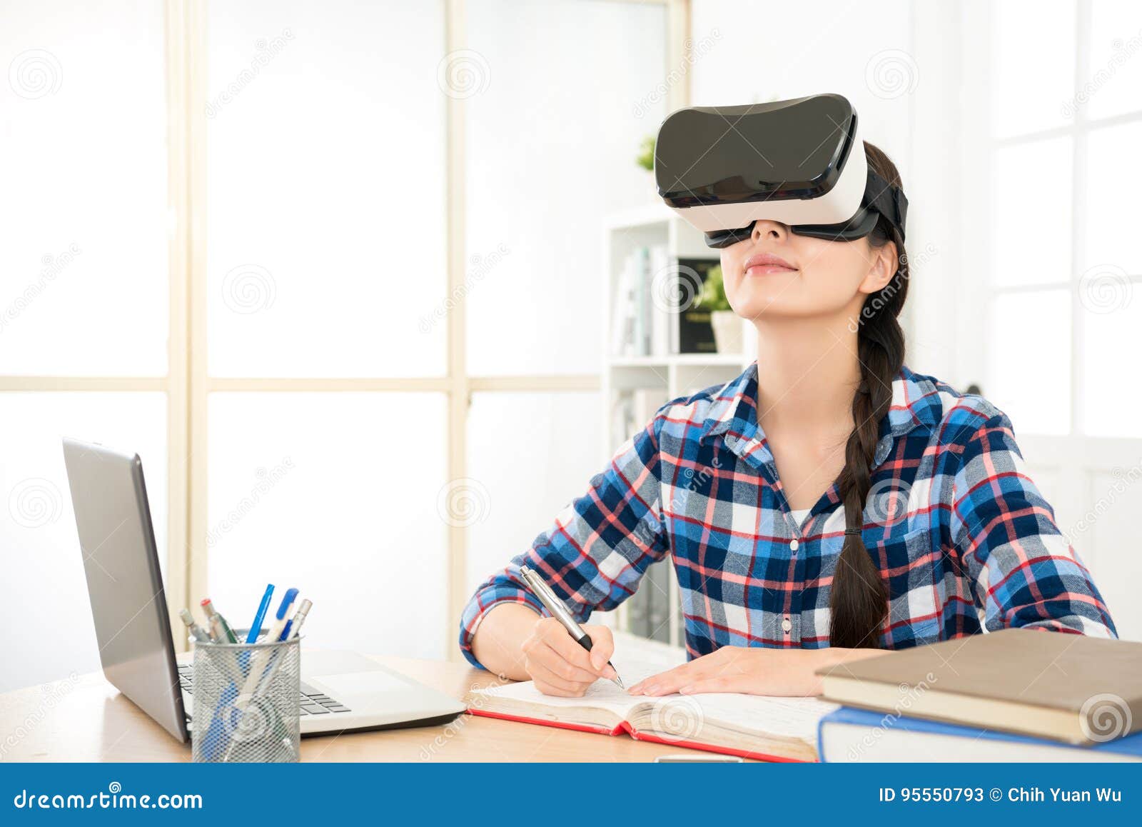 Woman Using E Learning with Virtual Reality Stock Image - Image of girl ...