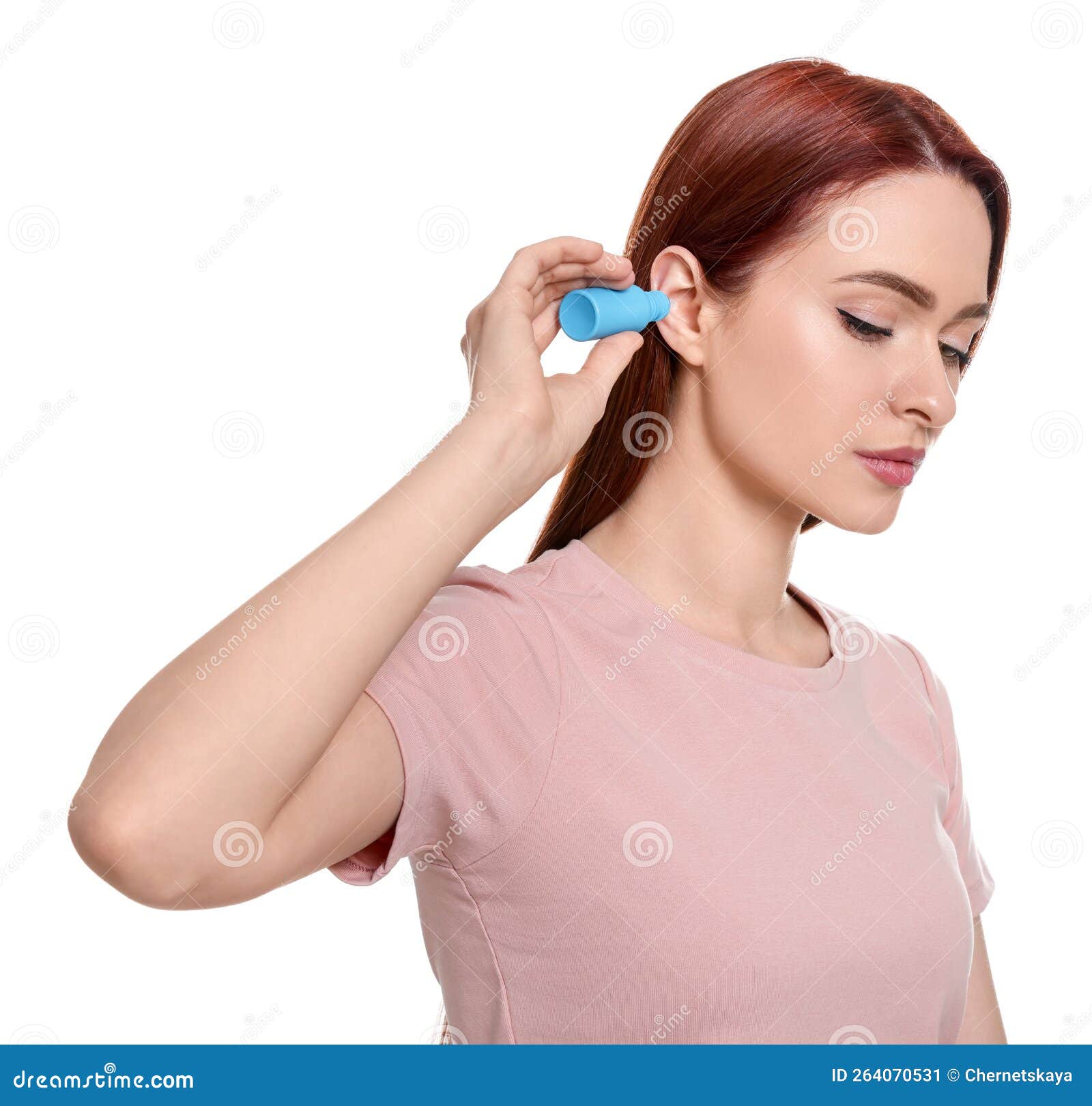 Woman Using Ear Drops on White Background Stock Image - Image of ...