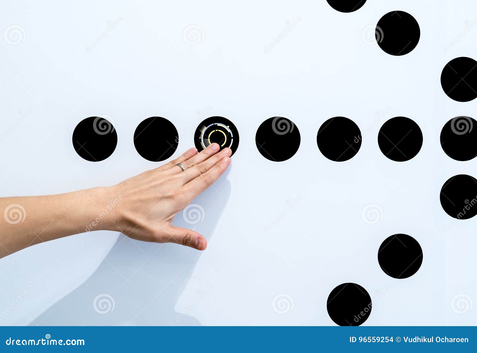 Woman Using Hands with Dot Graphic on White Wall Stock Photo - Image of ...