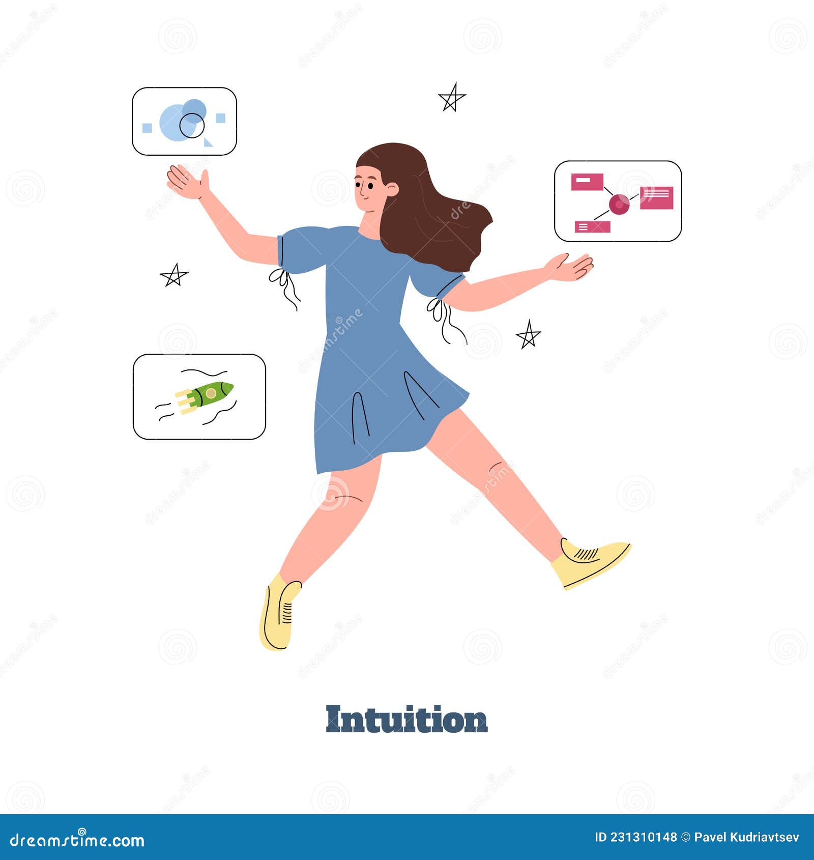 Woman Using Her Intuitive Kind of Thinking, Flat Vector Illustration ...
