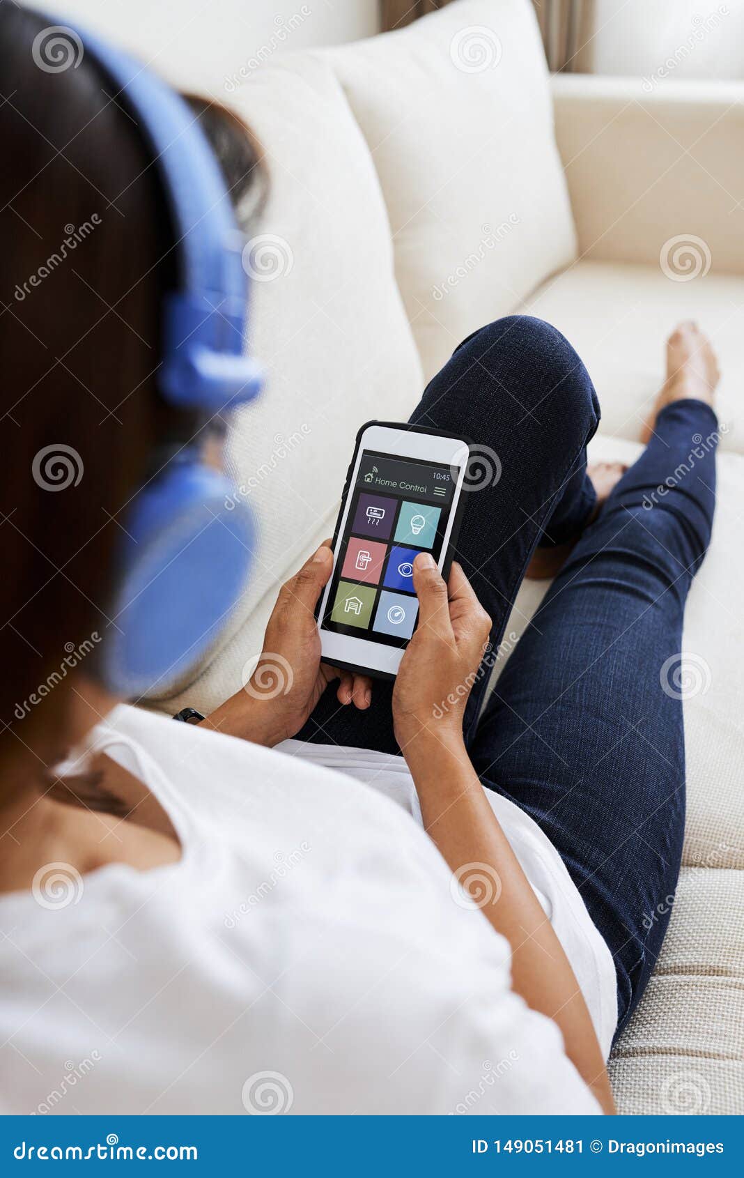 Woman Using Home Control Application Stock Image - Image of smartphone ...