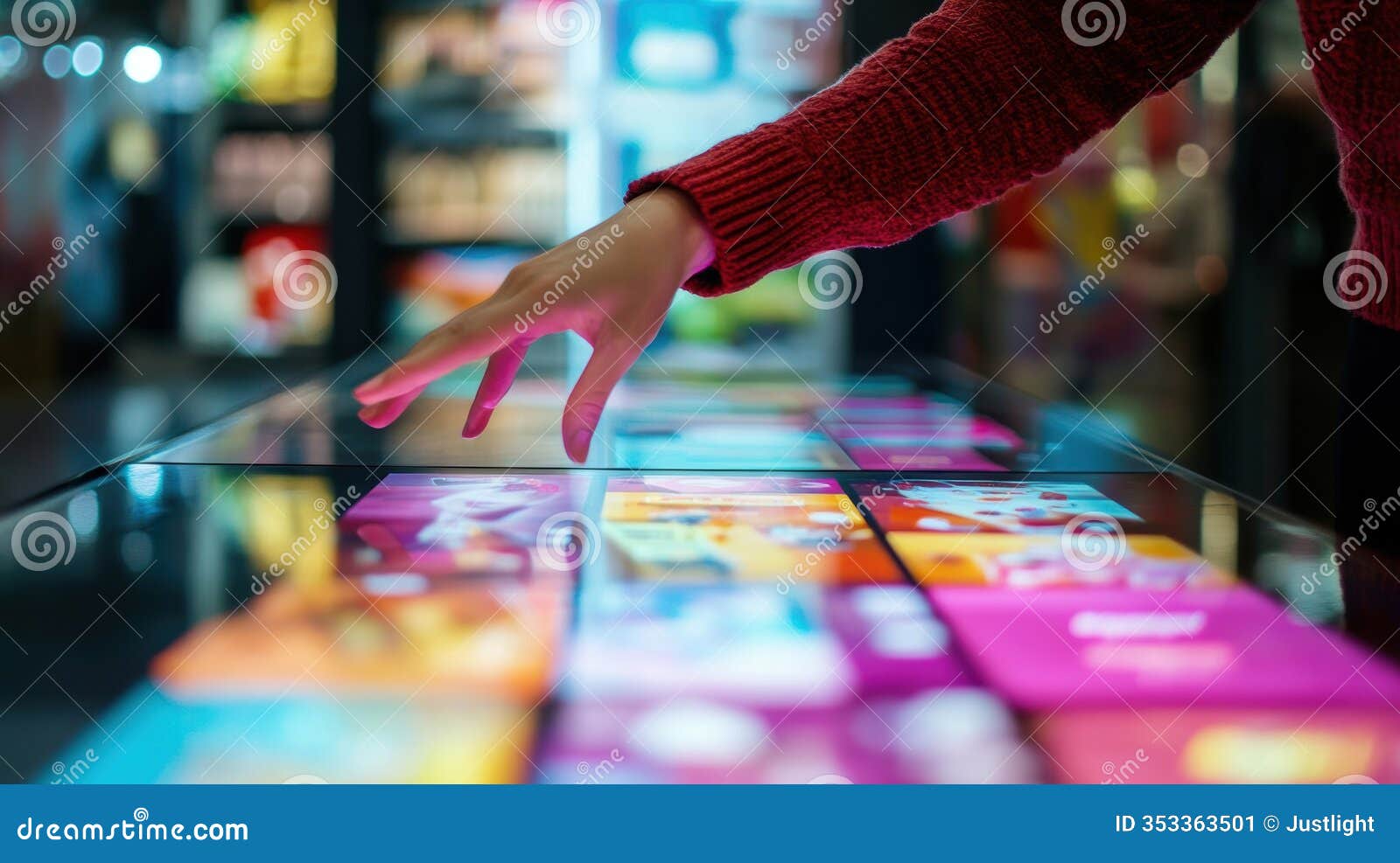 Woman Using Interactive Touch Screen Table in Modern Grocery Store ...