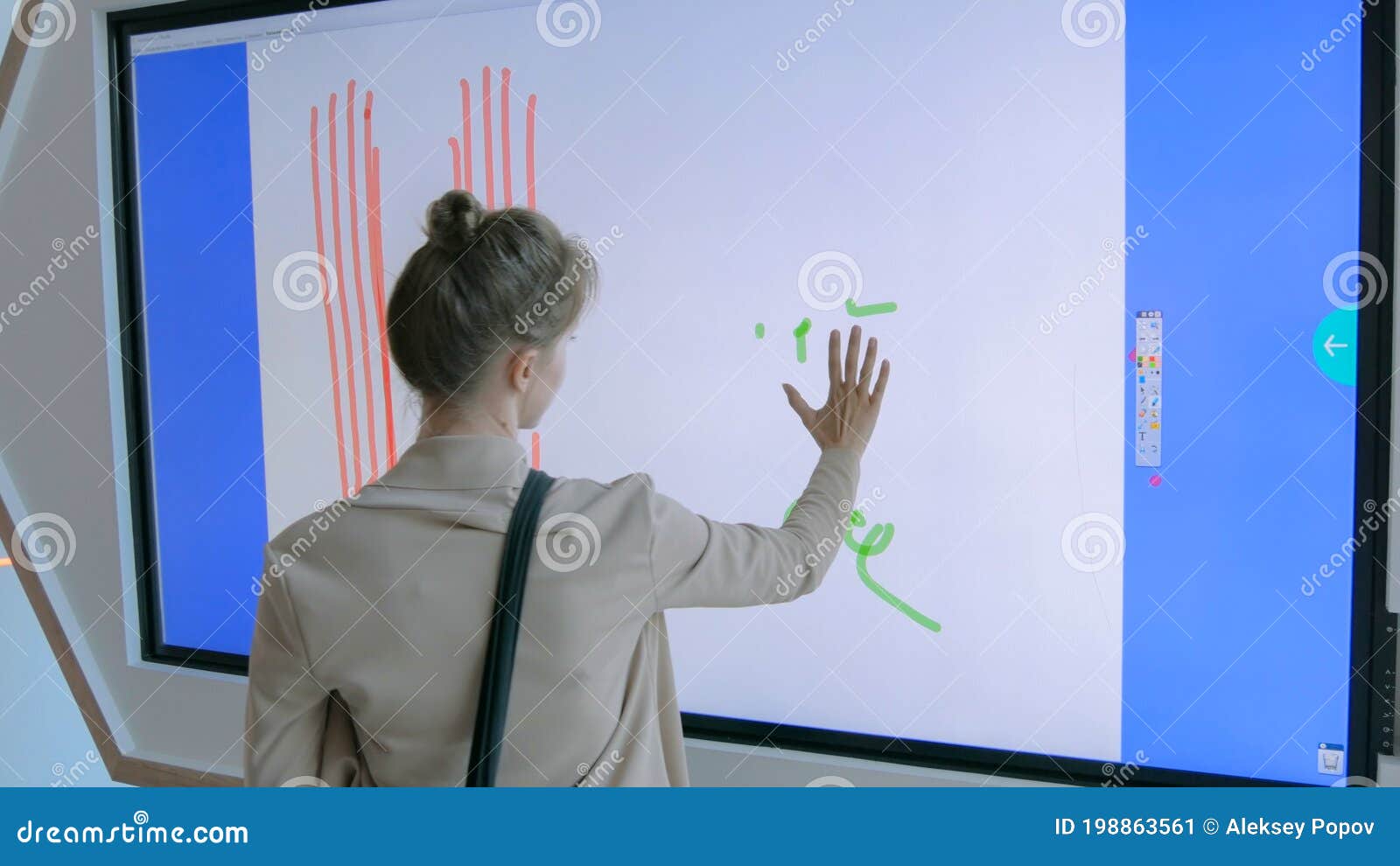 Woman Using Interactive Touchscreen Display for Drawing Stock Image ...