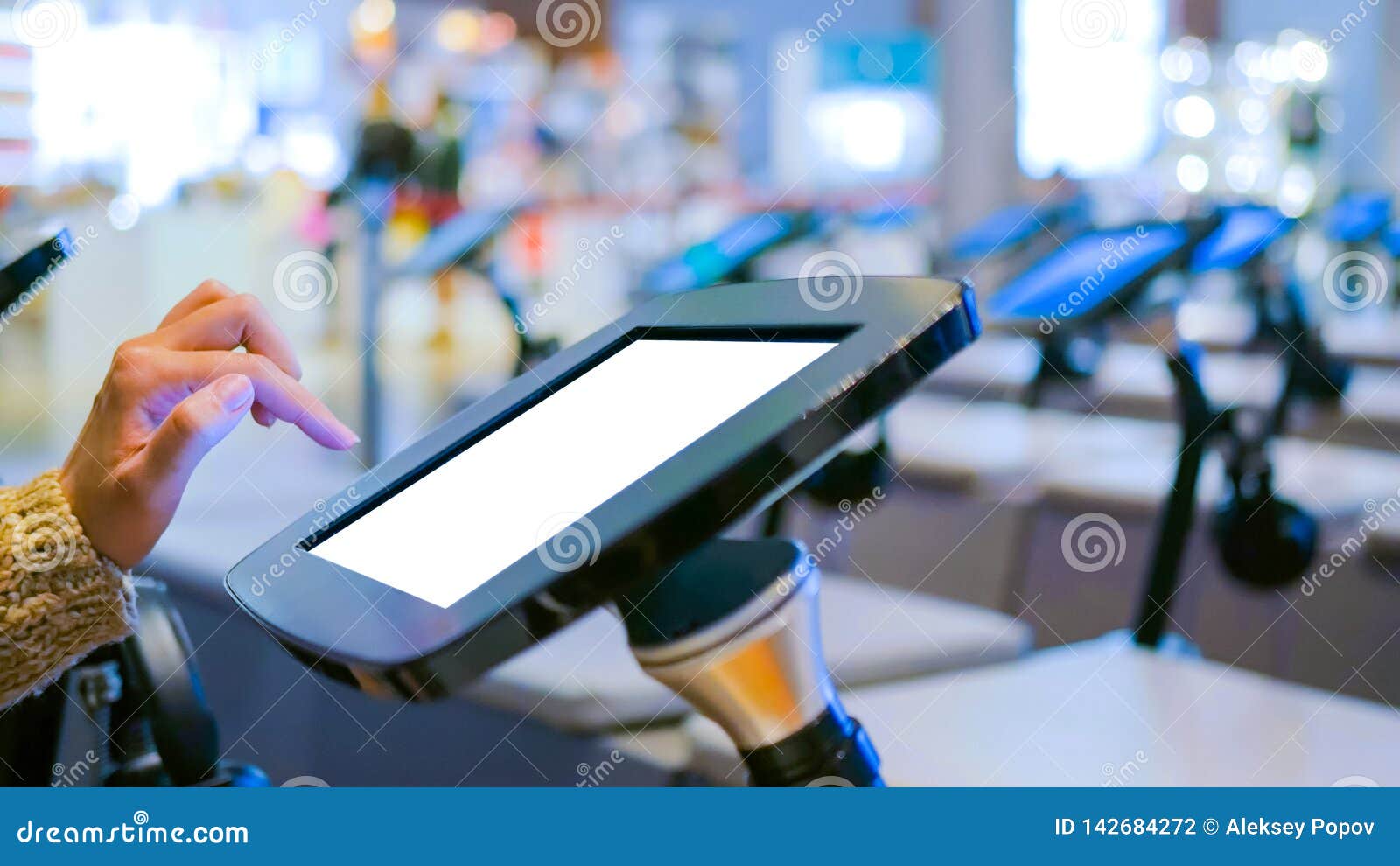 Woman Using Interactive Touchscreen Kiosk with White Empty Screen Stock ...