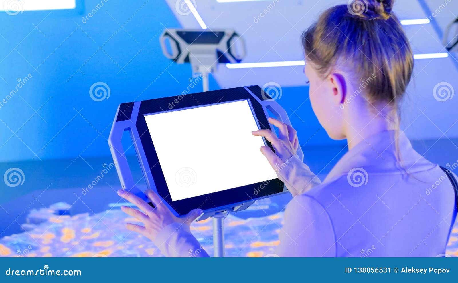 Woman Using Interactive White Blank Touchscreen Display Kiosk at Sci-fi ...