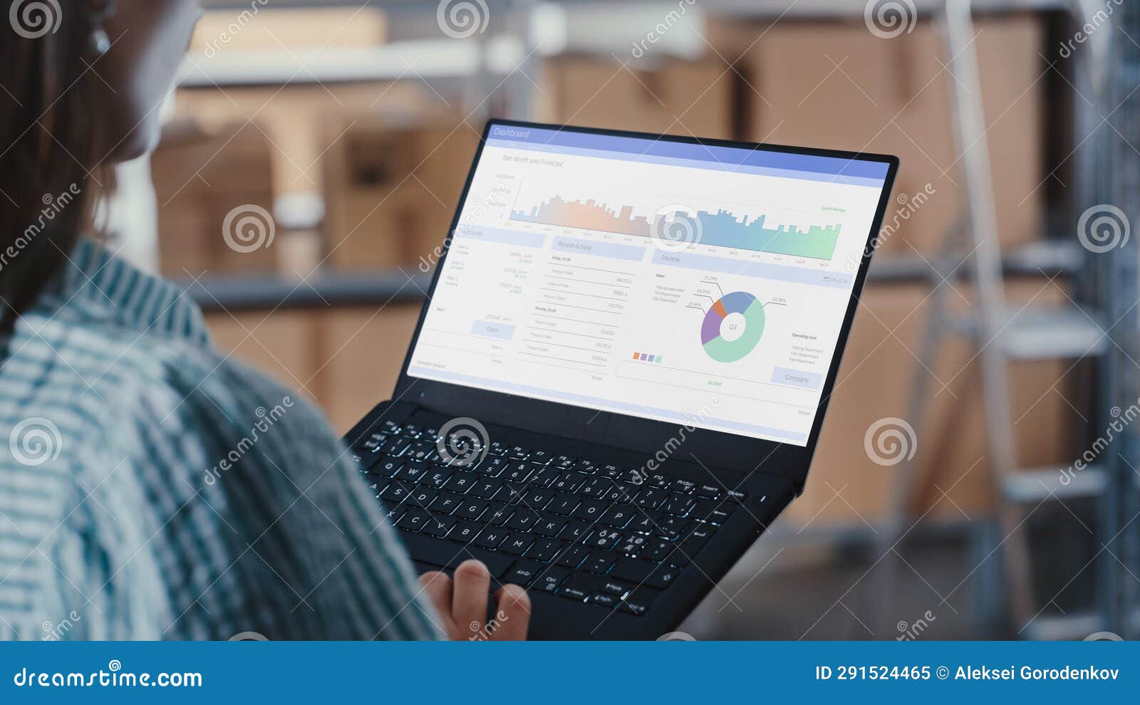 Woman Using a Laptop Computer with Dashboard, Analysis Charts Display ...
