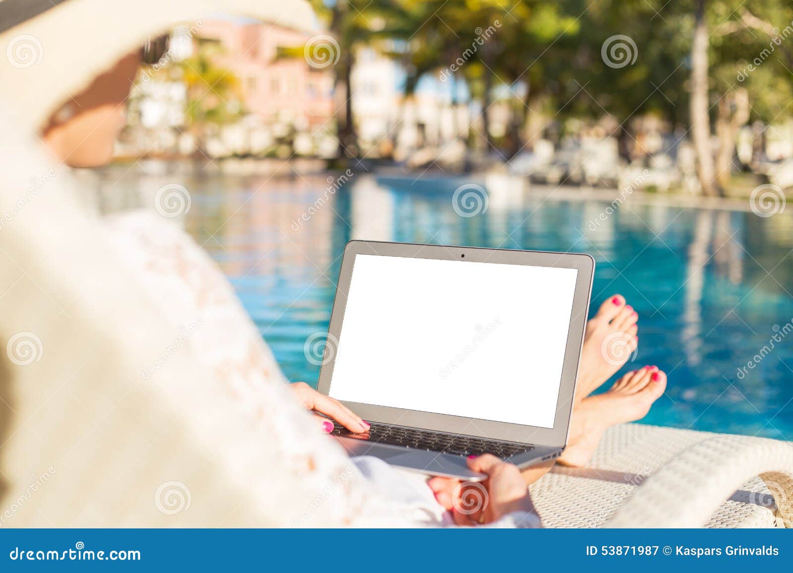 Woman Using Laptop Computer by the Pool Stock Image - Image of blogging ...
