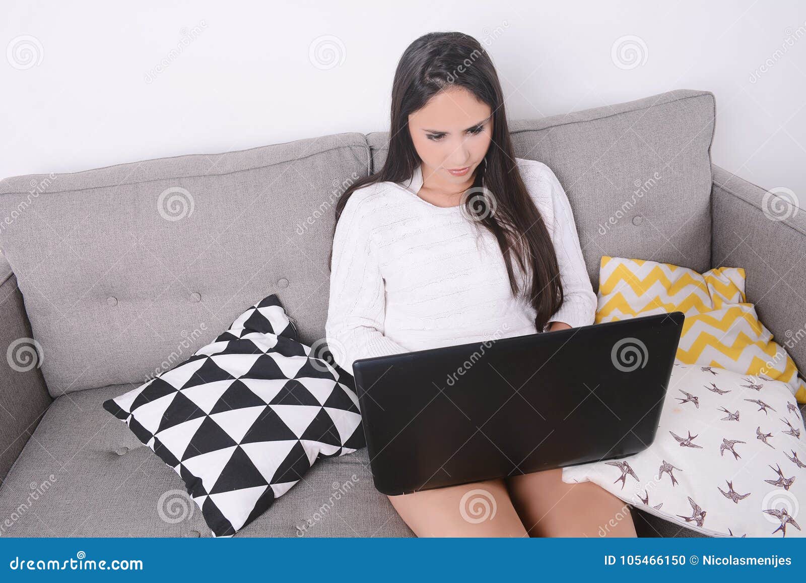 Woman Using Laptop on Couch. Stock Photo - Image of house, online ...