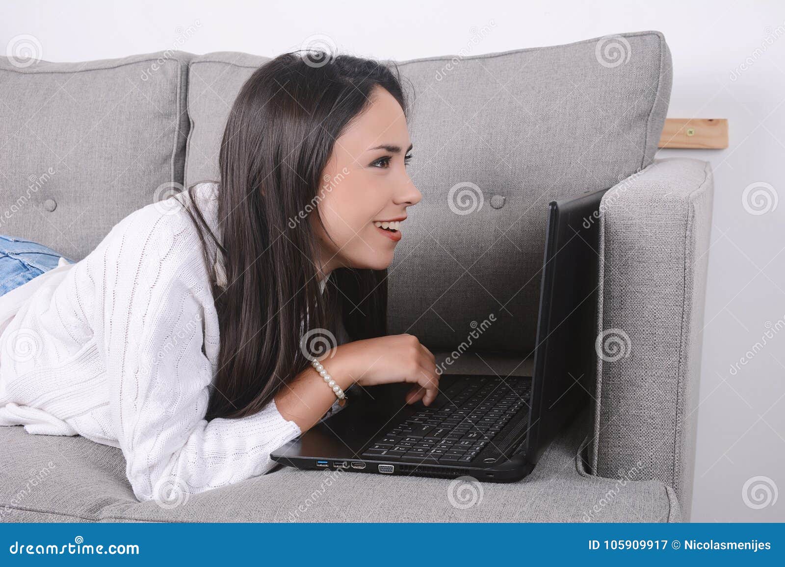 Woman Using Laptop on Couch. Stock Image - Image of adult, online ...