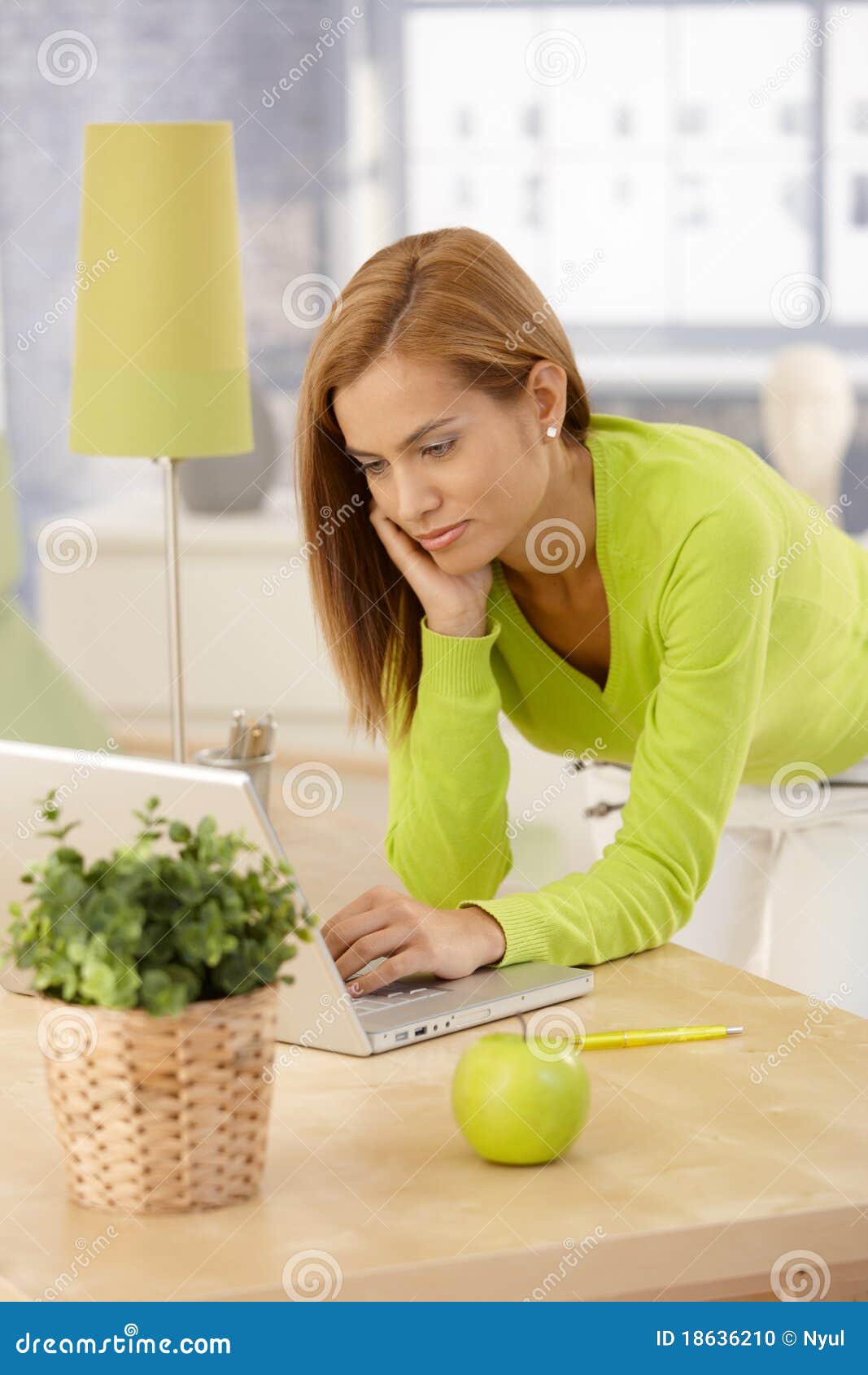 Woman using laptop at home stock photo. Image of american - 18636210