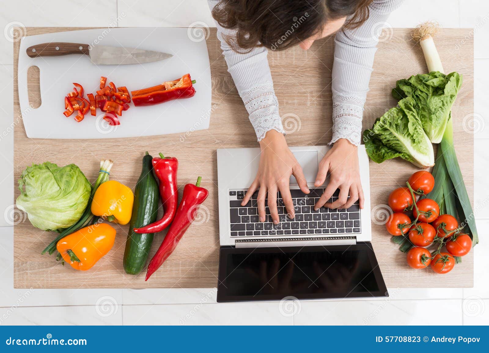 Woman Using Laptop in Kitchen Stock Image - Image of fresh, casual ...