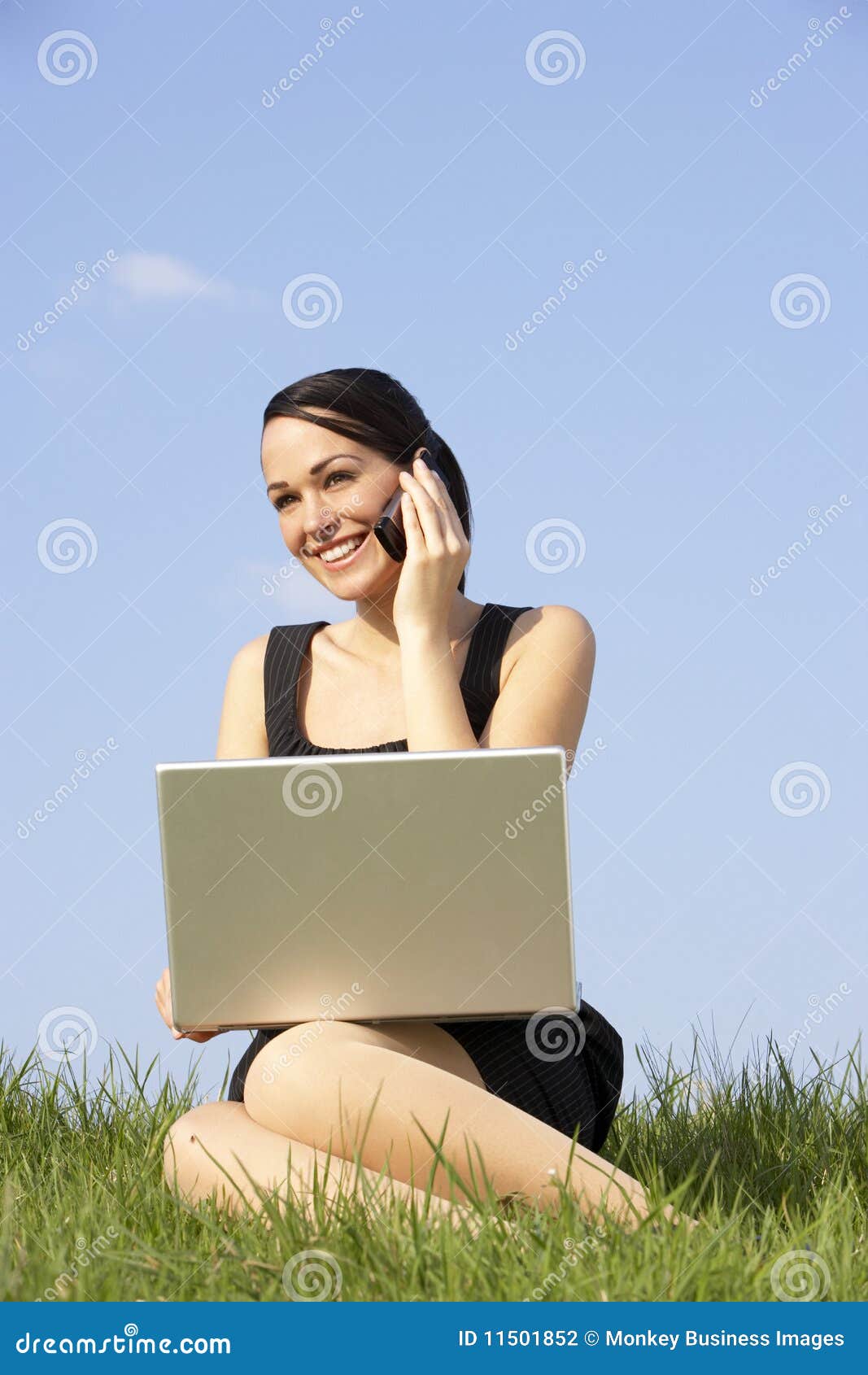 Woman Using Laptop and Mobile Phone Stock Photo - Image of blue, length ...