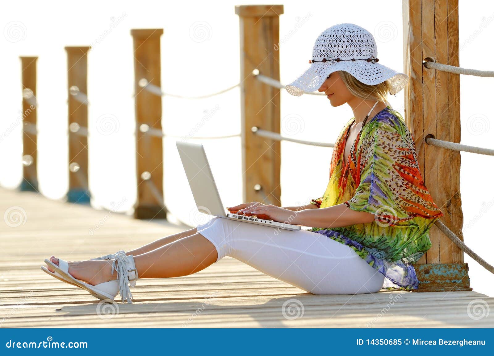 Woman Using Laptop Outdoor in Summer Stock Image - Image of carefree ...