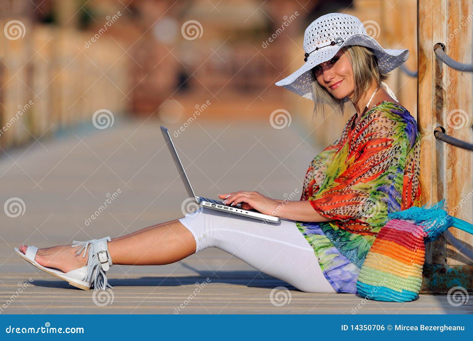 Woman Using Laptop Outdoor in Summer Stock Photo - Image of computer ...