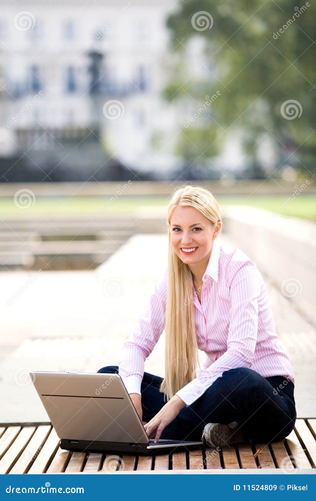 Woman Using Laptop Outdoors Stock Image - Image of wireless, female ...