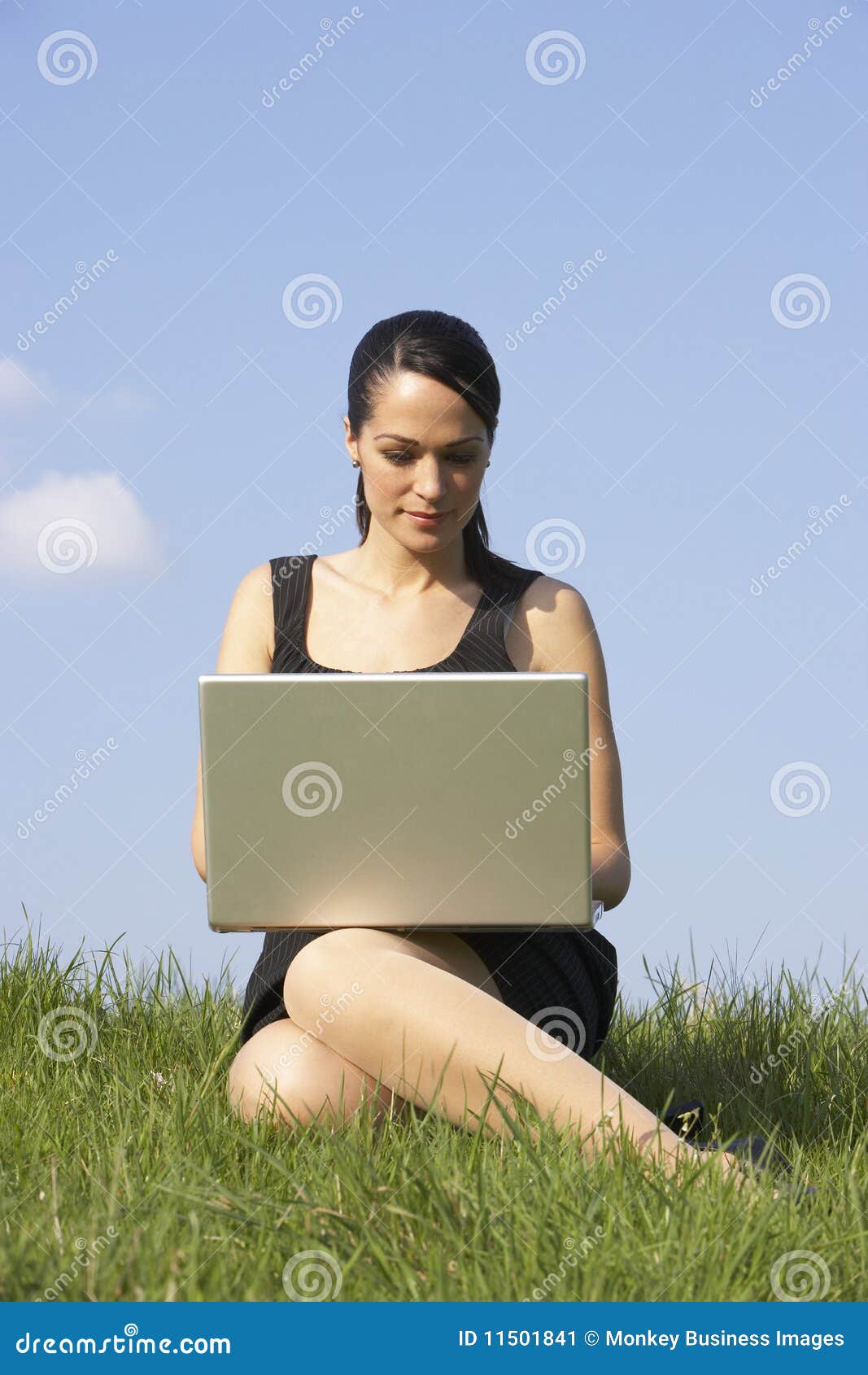 Woman Using Laptop Outdoors in Summer Countryside Stock Image - Image ...