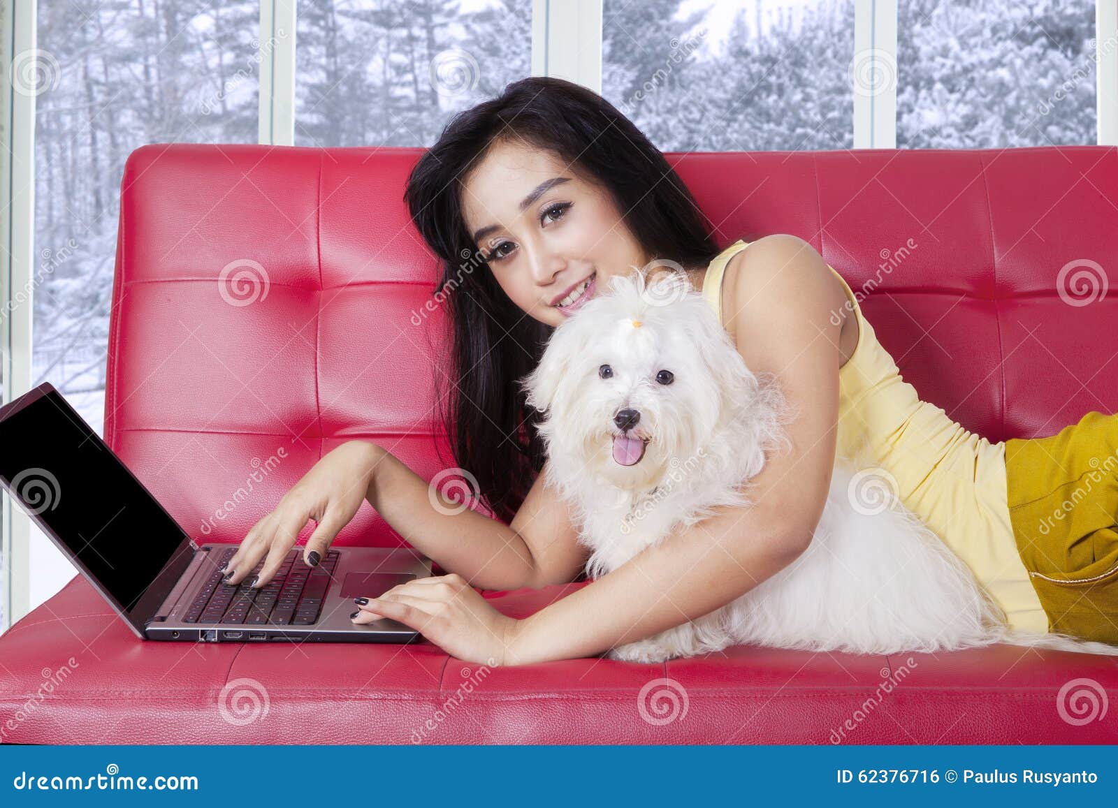 Woman Using Laptop on Sofa with Her Dog Stock Photo - Image of chinese ...