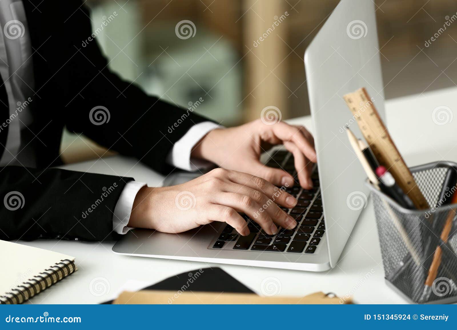 Woman Using Laptop at Table. Concept of Study Stock Photo - Image of ...