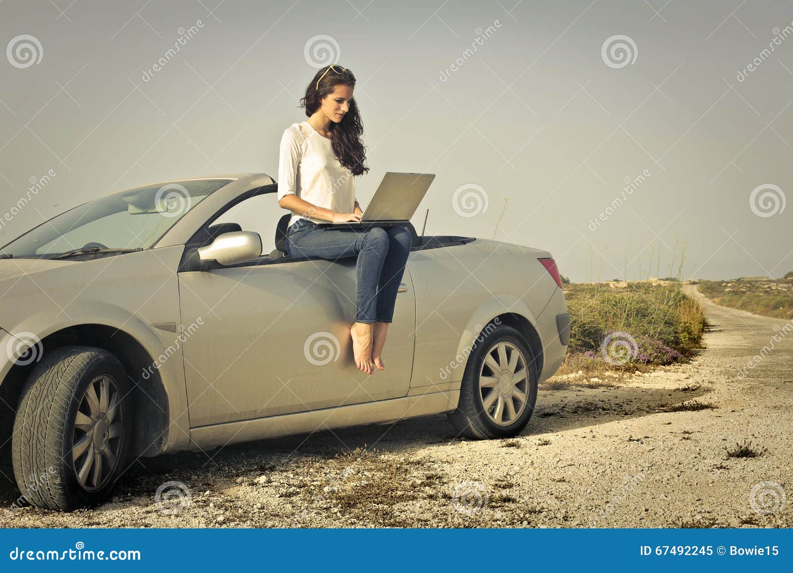 Woman Using Laptop on Top of the Car Stock Image - Image of write ...