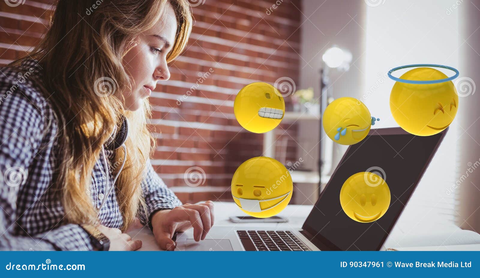 Woman Using Laptop with Various Emojis Stock Illustration ...