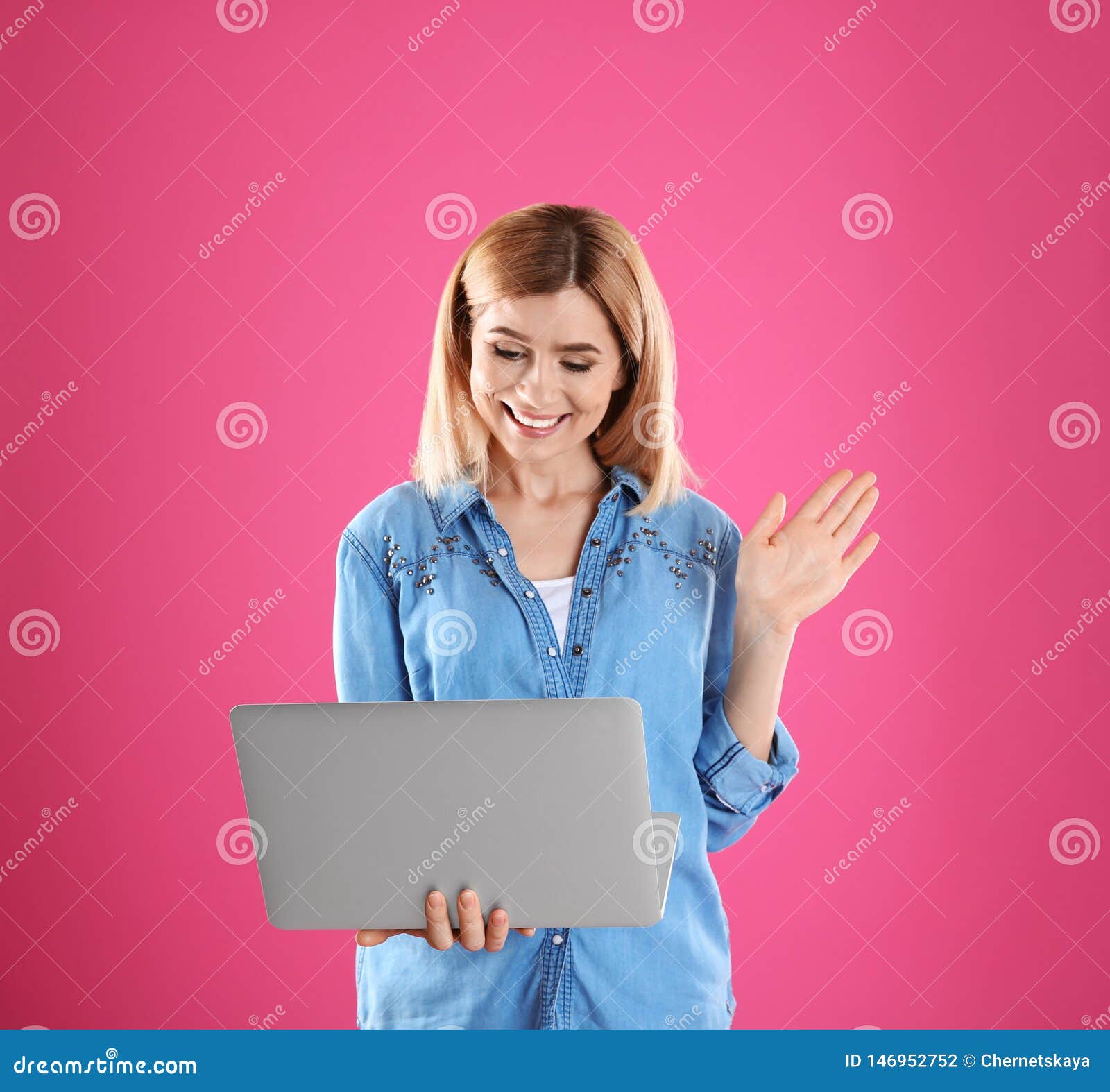 Woman Using Laptop for Video Chat Stock Photo - Image of gadget ...