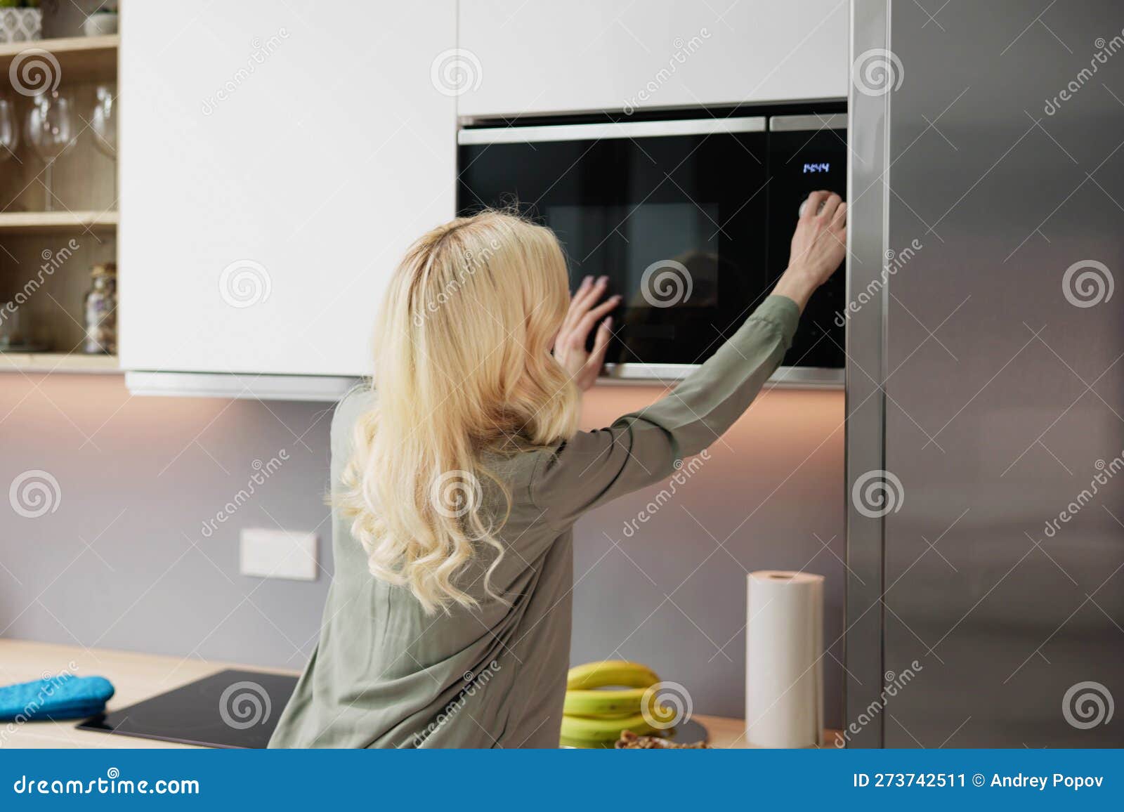 Woman Using Microwave Oven for Heating Food Stock Image - Image of hand ...