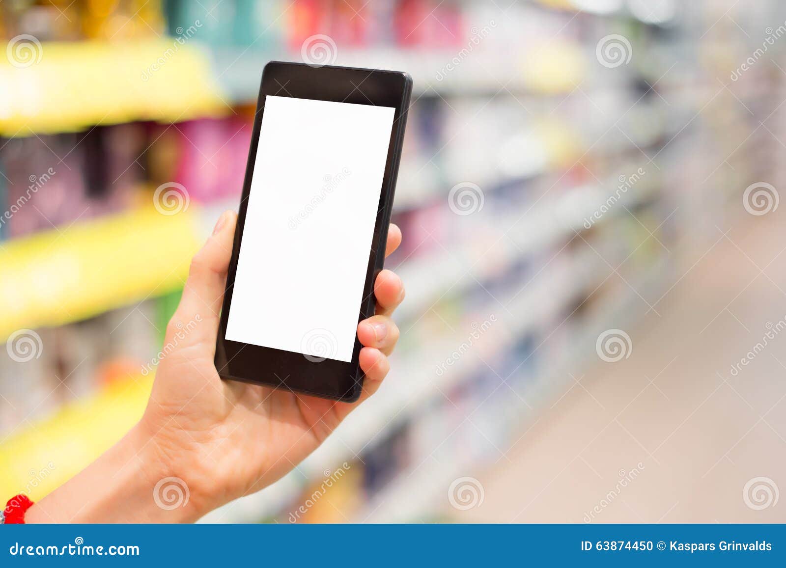 Woman Using Mobile Phone in Grocery Store Stock Photo - Image of ...