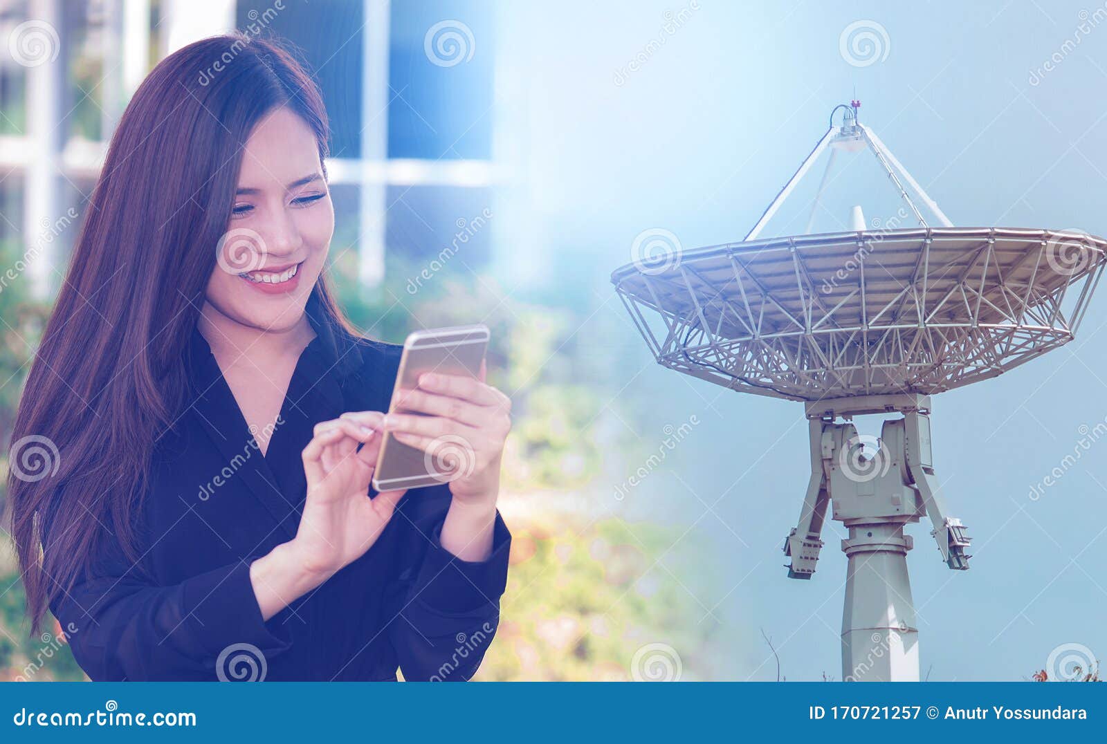 Woman Using Mobile Phone Satellite on Background for Modern 5G ...
