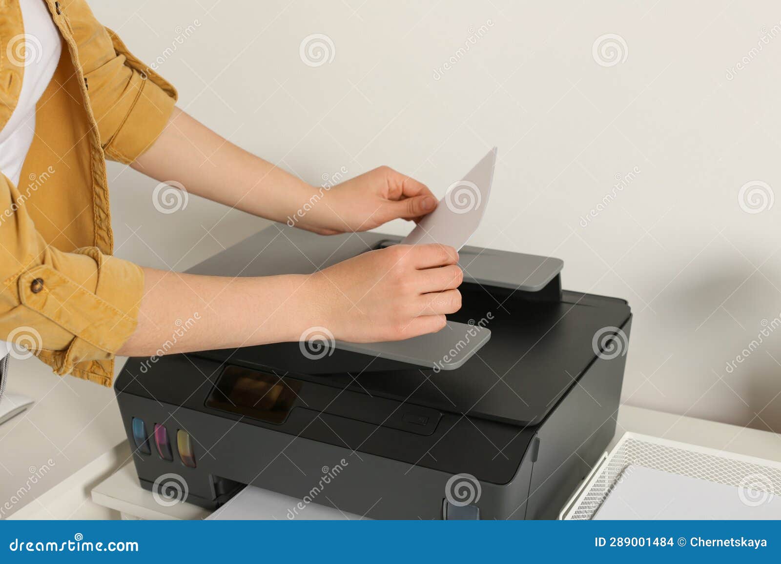 Woman Using Modern Printer at Home, Closeup Stock Photo - Image of ...