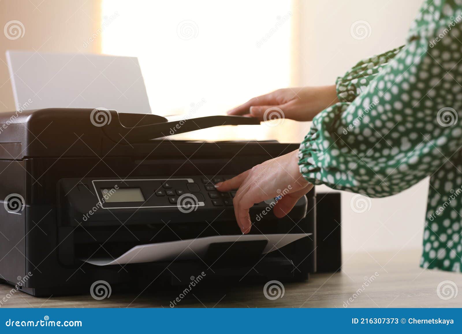 Woman Using Modern Printer in Office, Closeup Stock Image - Image of ...