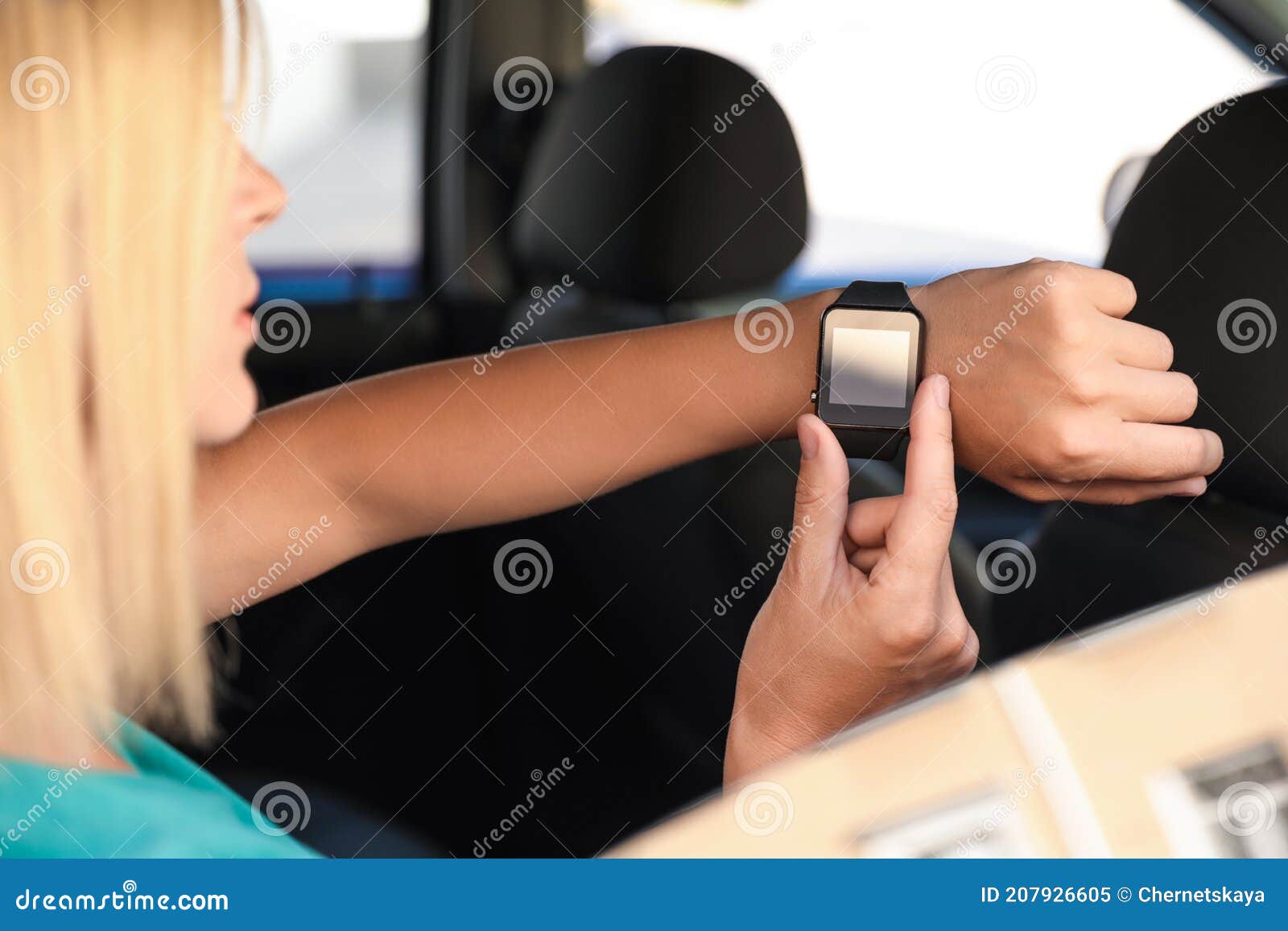 Woman Using Modern Smart Watch in Car, Closeup Stock Image - Image of ...