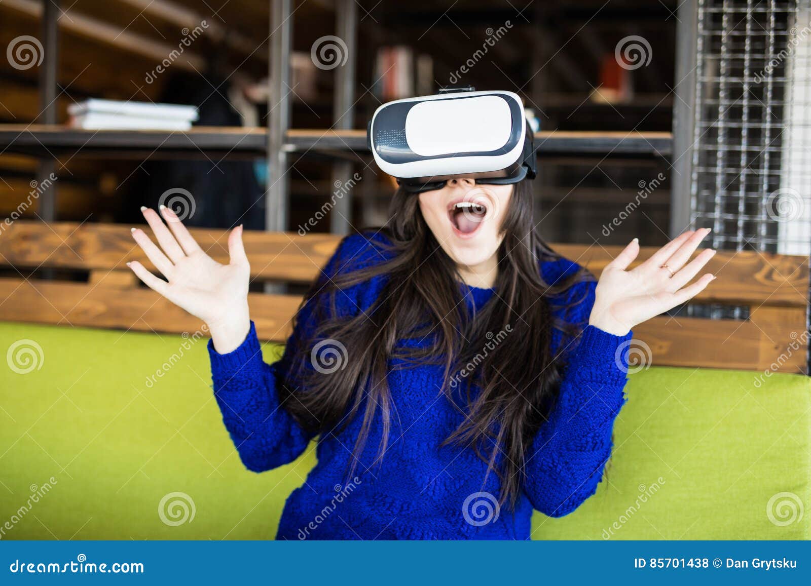 Woman using modern VR stock photo. Image of smile, innovation - 85701438