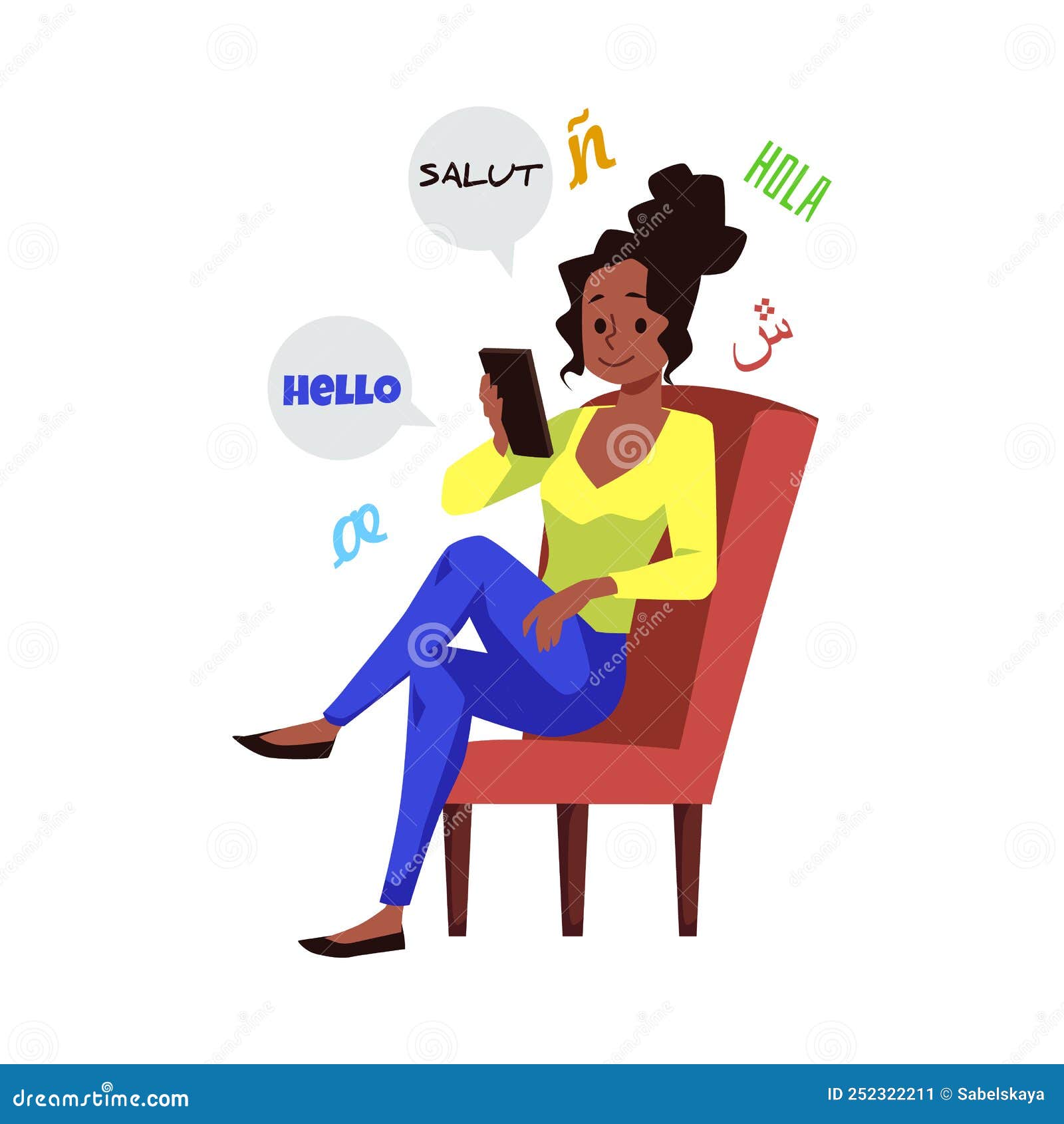 Woman Using Multilingual App for Language Learning, Flat Vector ...