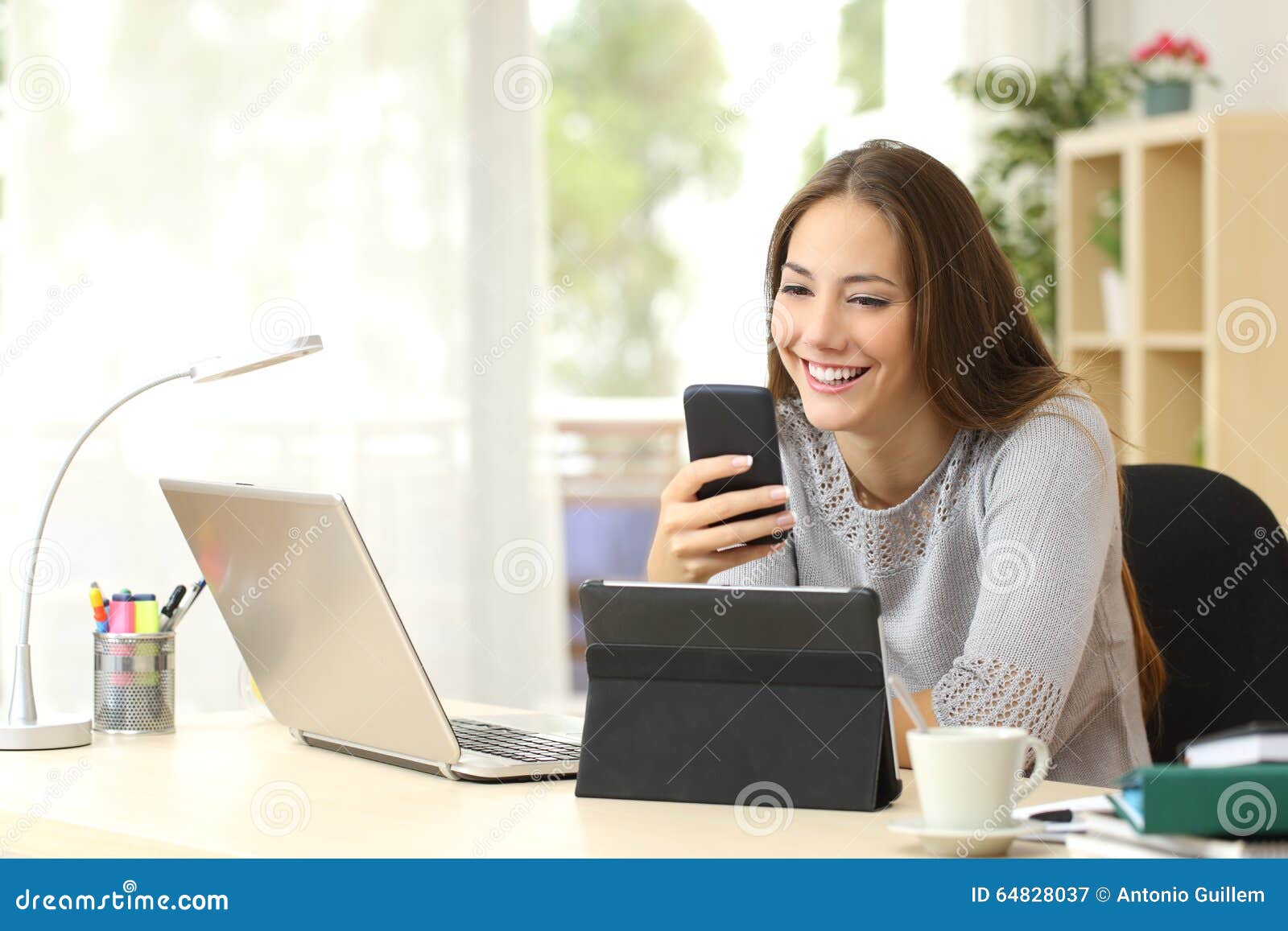 Woman Using Multiple Devices at Home Stock Image - Image of home, happy ...
