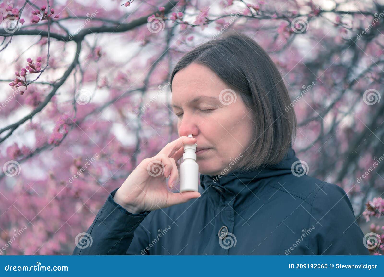 Woman Using Nasal Spray Outdoors Stock Image - Image of bloom, flower ...