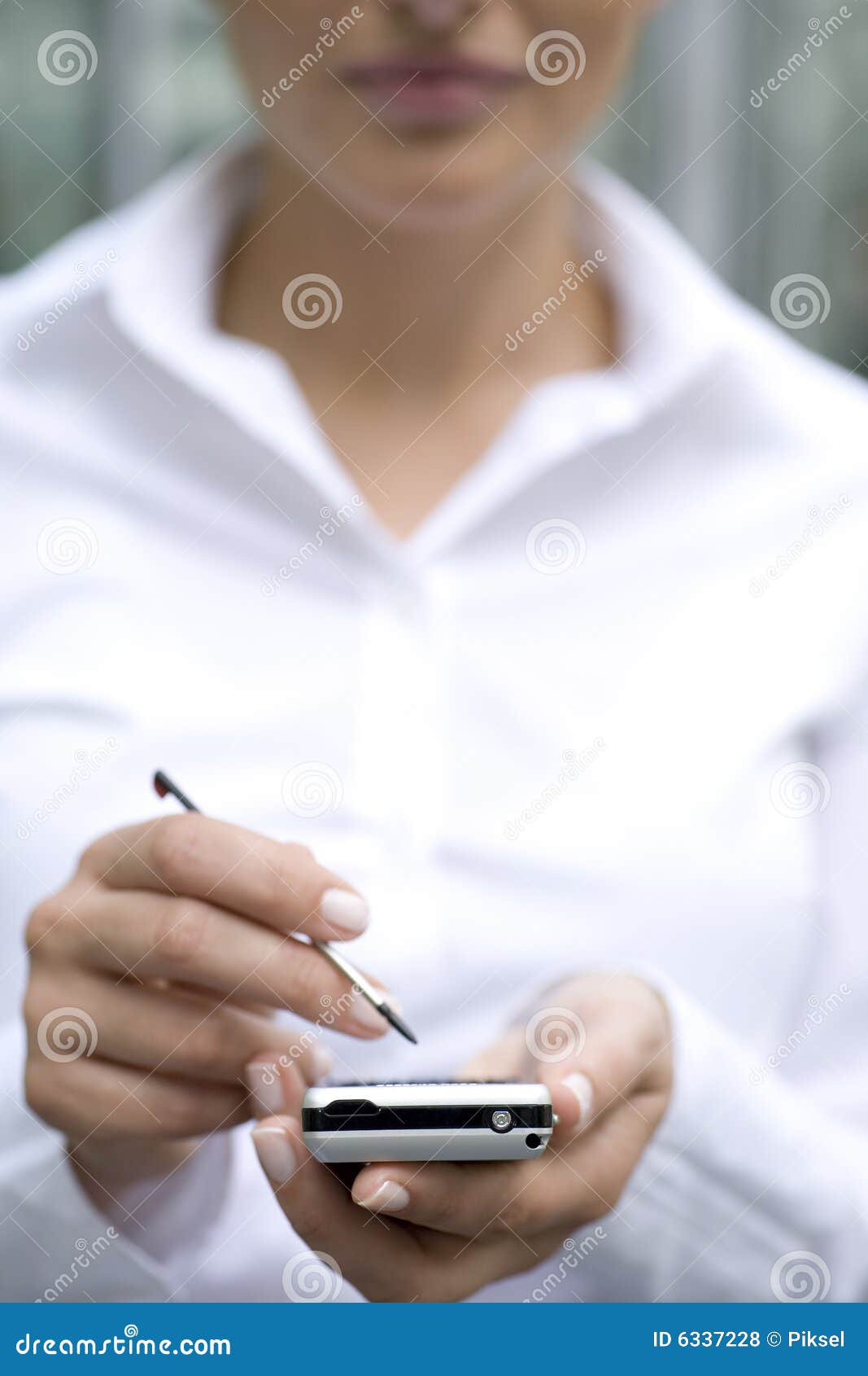 Woman using palmtop stock photo. Image of touching, office - 6337228