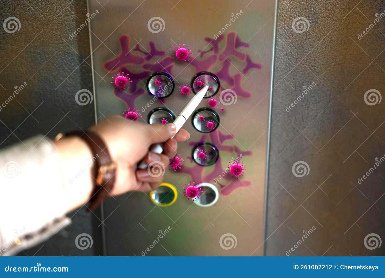 Woman Using Pen Press Button in Elevator with Germs, Closeup Stock ...
