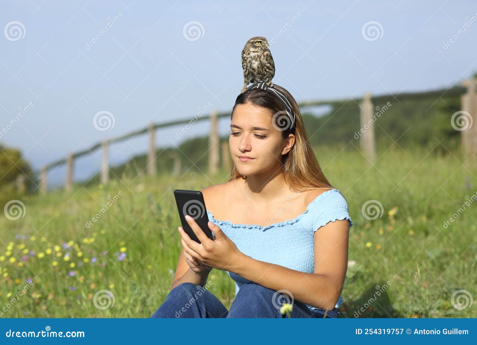 Woman Using Phone with a Bird on Head Stock Image - Image of head, girl ...