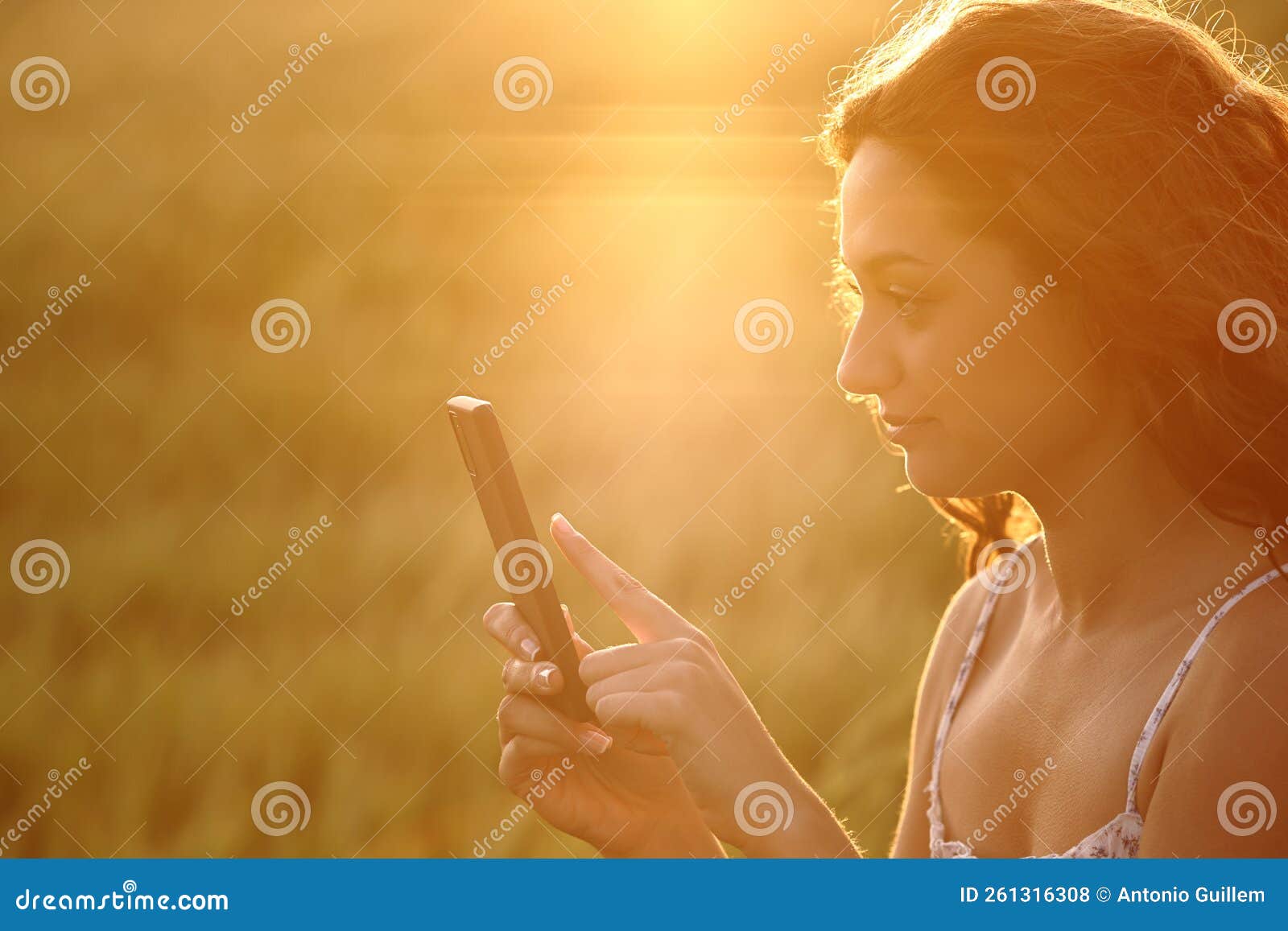 Woman Using Phone at Sunset with Warm Light Stock Photo - Image of cell ...