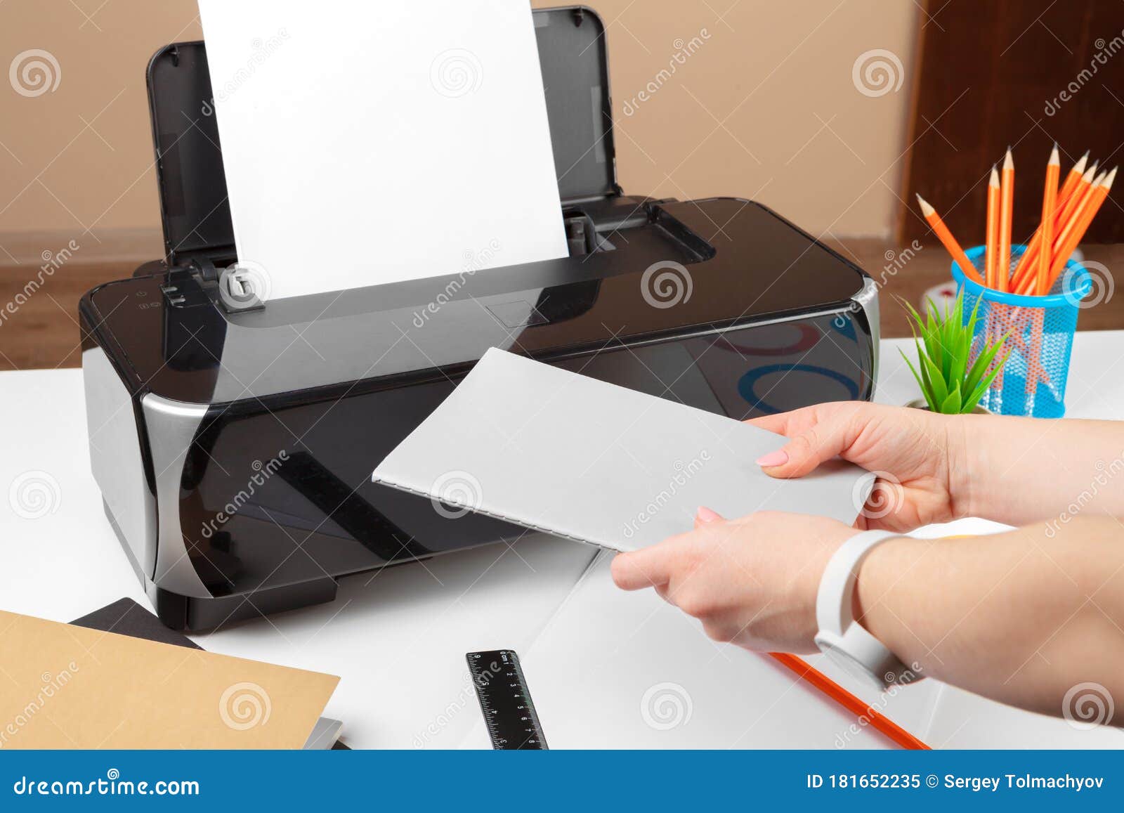 Woman Using the Printer To Scanning and Printing Document Stock Image ...