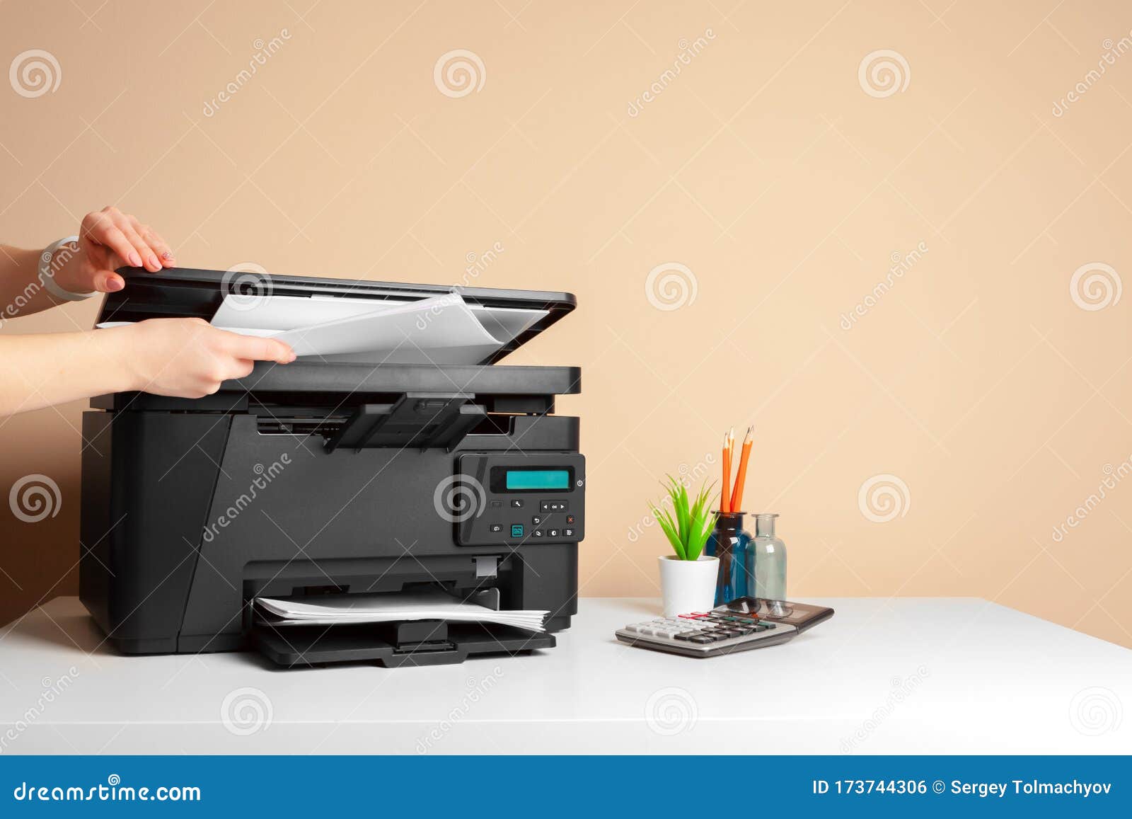 Woman Using the Printer To Scanning and Printing Document. Creative ...