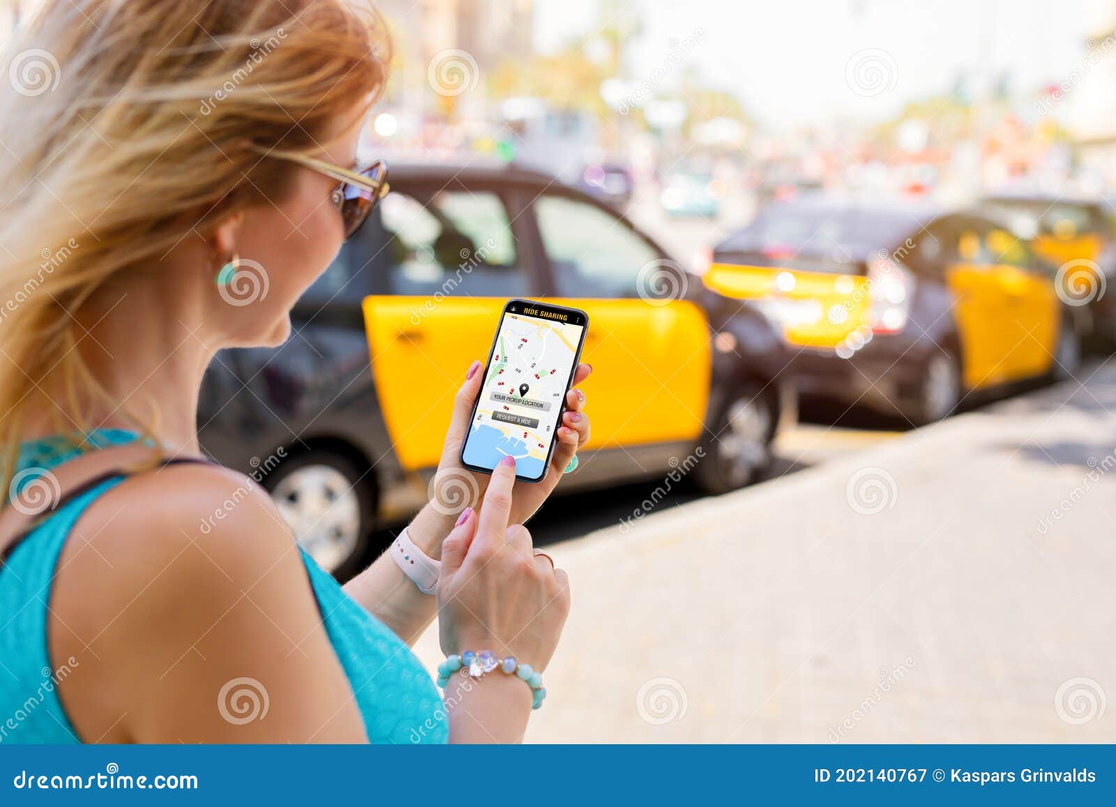 Woman Using Ride Sharing App on Phone Stock Image - Image of city ...